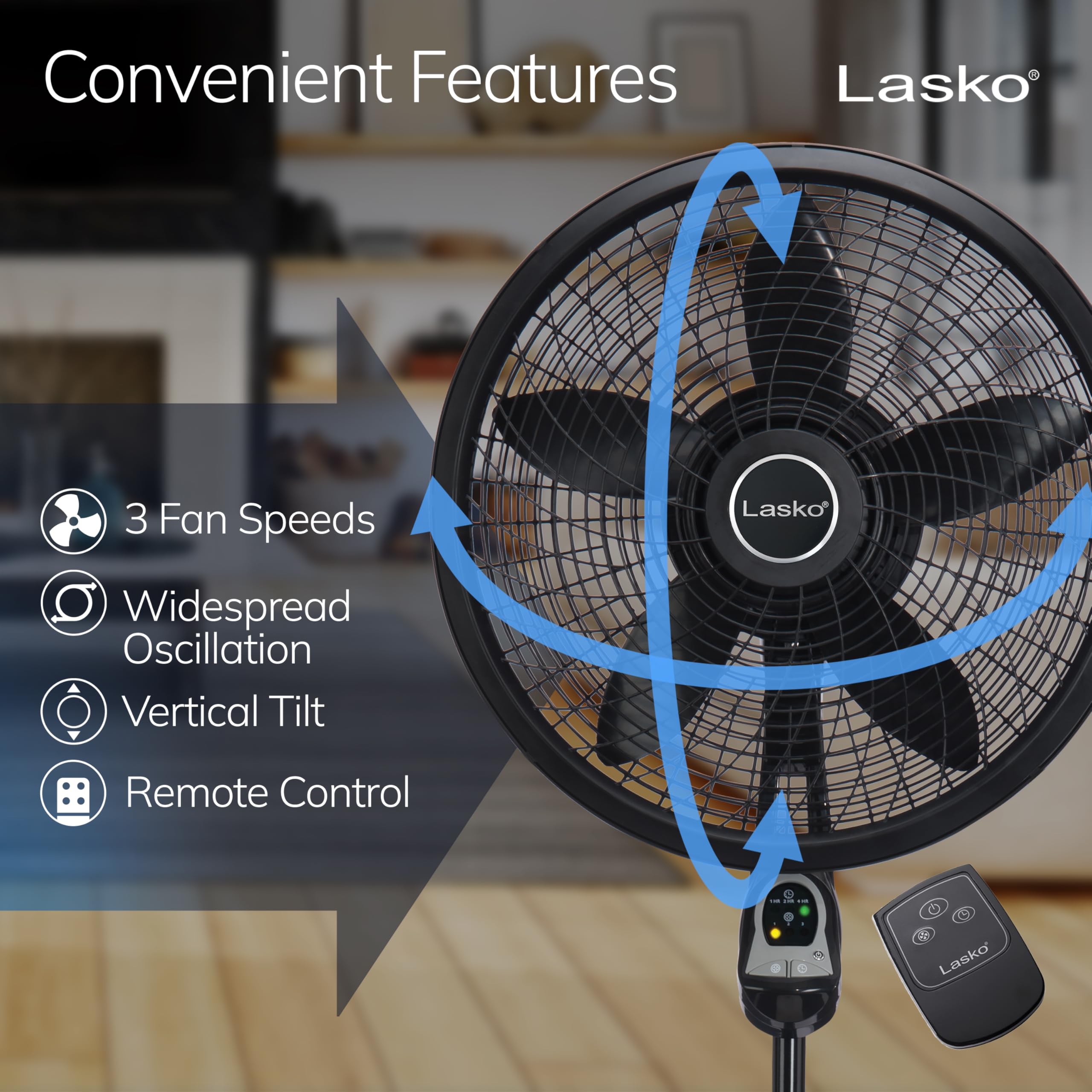 Lasko 1843 18″ Remote Control Cyclone Pedestal Fan with Built-in Timer, Black Features Oscillating Movement and Adjustable Height