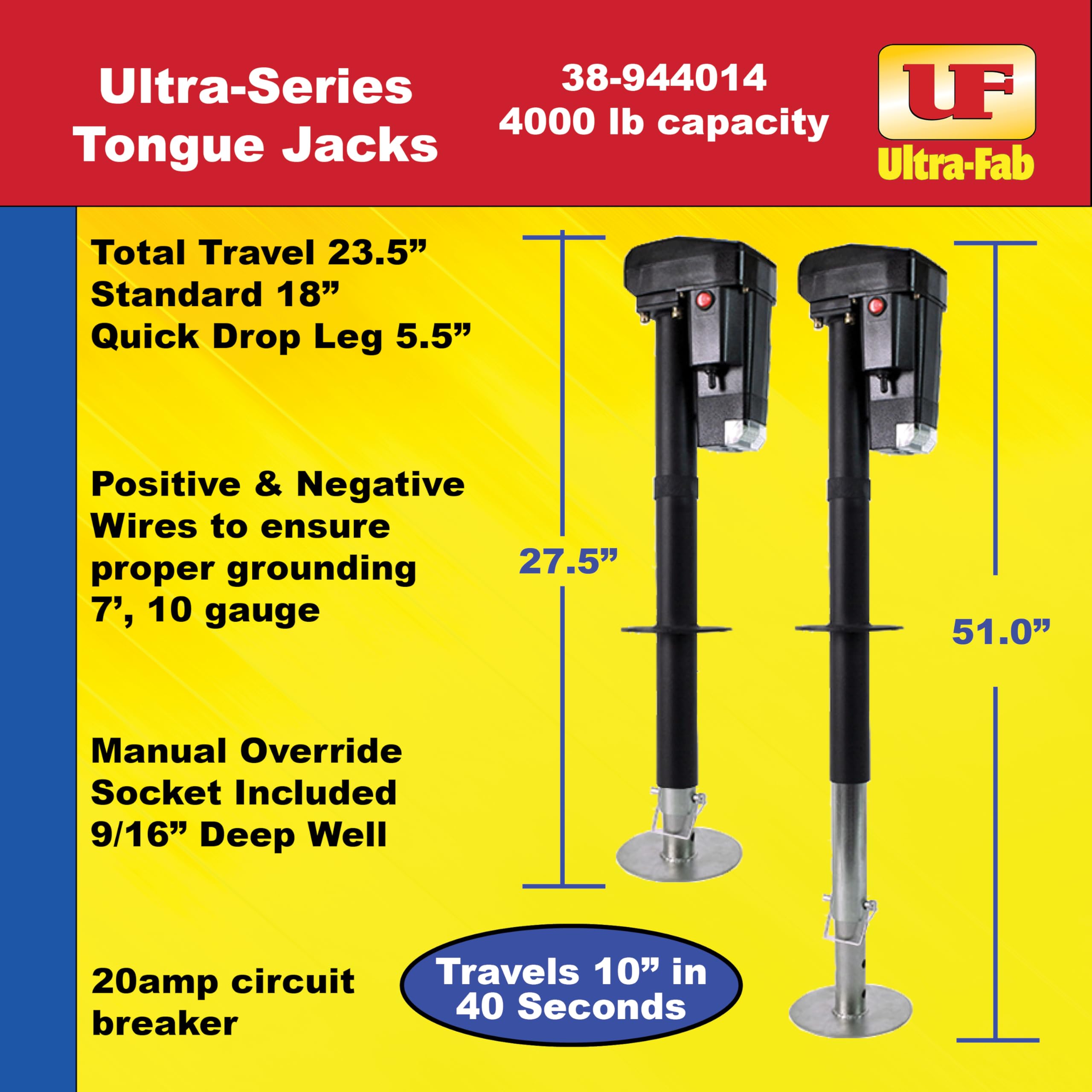 Ultra-Fab Products 38-944014 Ultra 4000 Electric Tongue Jack - 4000 lb. Capacity