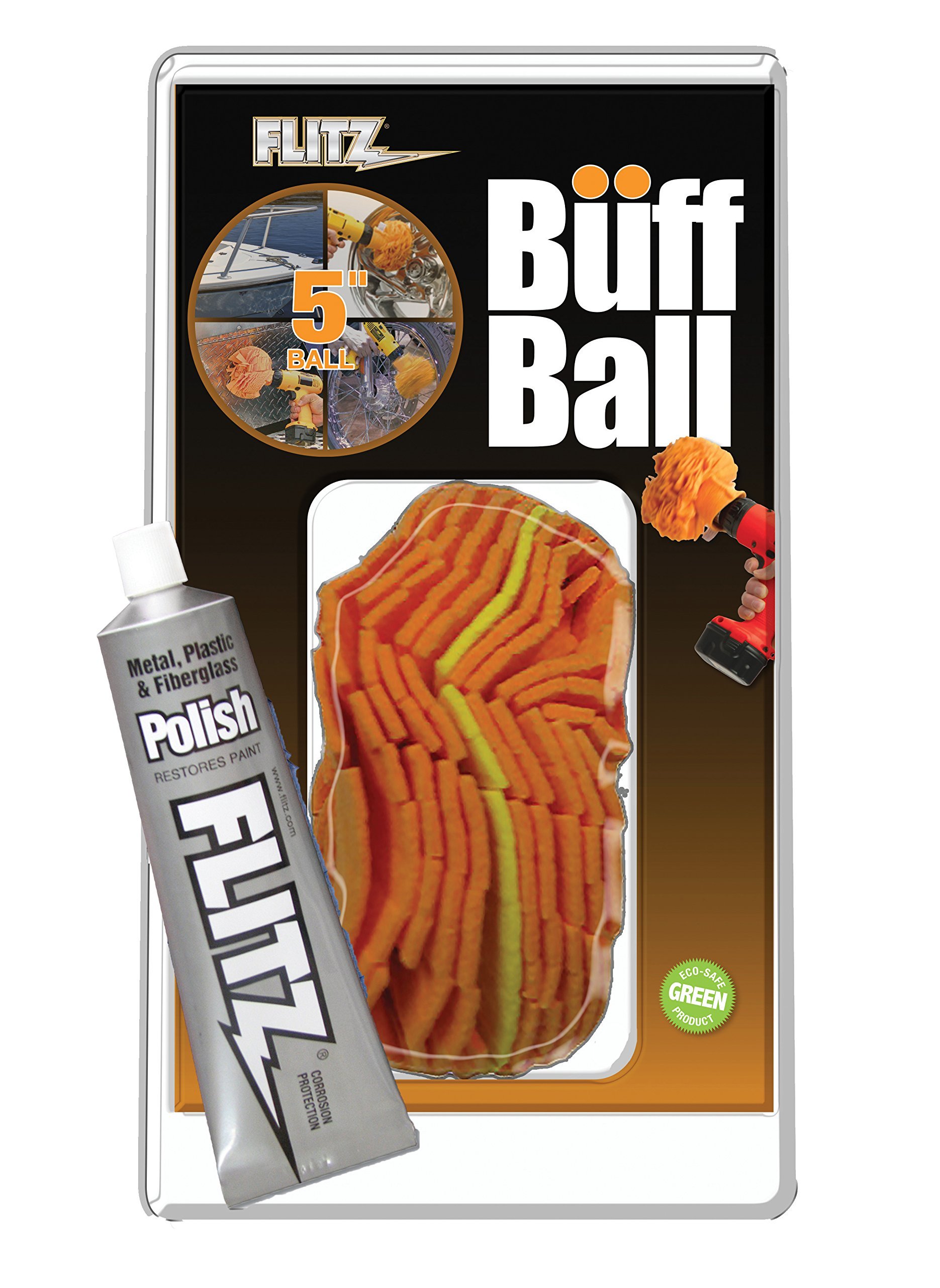 Flitz PB 101-50 Buff Ball Car Buffer Drill Attachment with Self-Cooling Design That Never Scorches or Burns + No Exposed Hardware to Prevent Scratches, Buff and Polish Any Surface, Machine Washable, 5 Inch,Orange