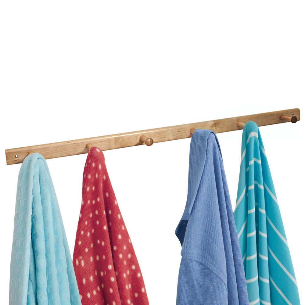 iDesign 91528 Wood Wall Mount 6-Peg Coat Rack for Coats, Leashes, Hats, Robes, Towels, Jackets, Purses, Bedroom, Closet, Entryway, Mudroom, Kitchen, Office, 32.3" x 2.8" x 1.5", Natural Wood