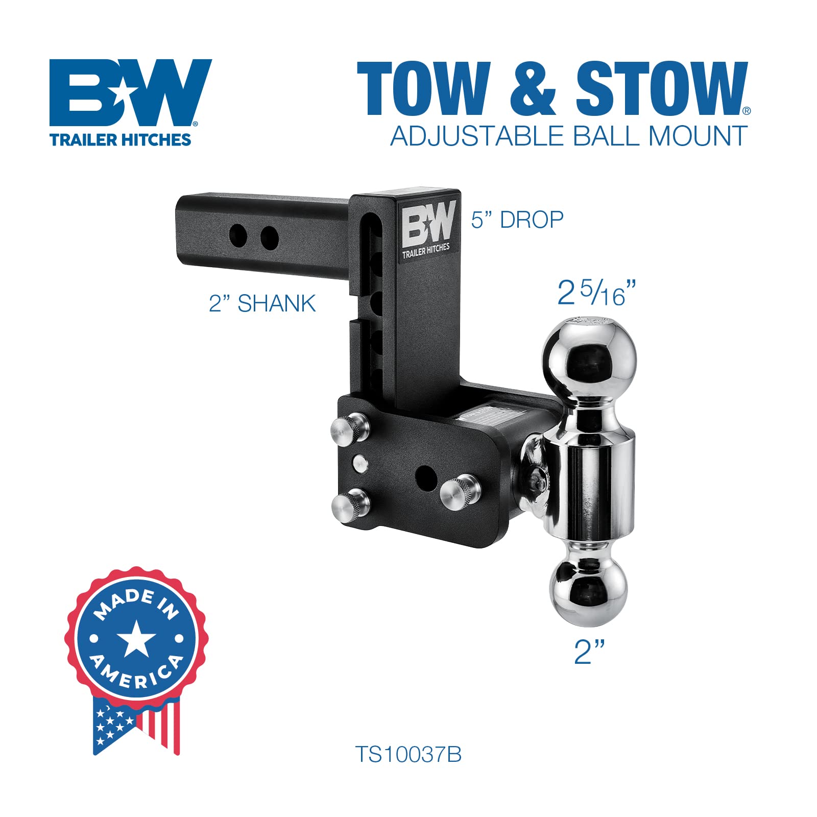 B&W Trailer Hitches Tow & Stow Adjustable Trailer Hitch Ball Mount - Fits 2" Receiver, Dual Ball (2" x 2-5/16"), 5" Drop, 10,000 GTW - TS10037B