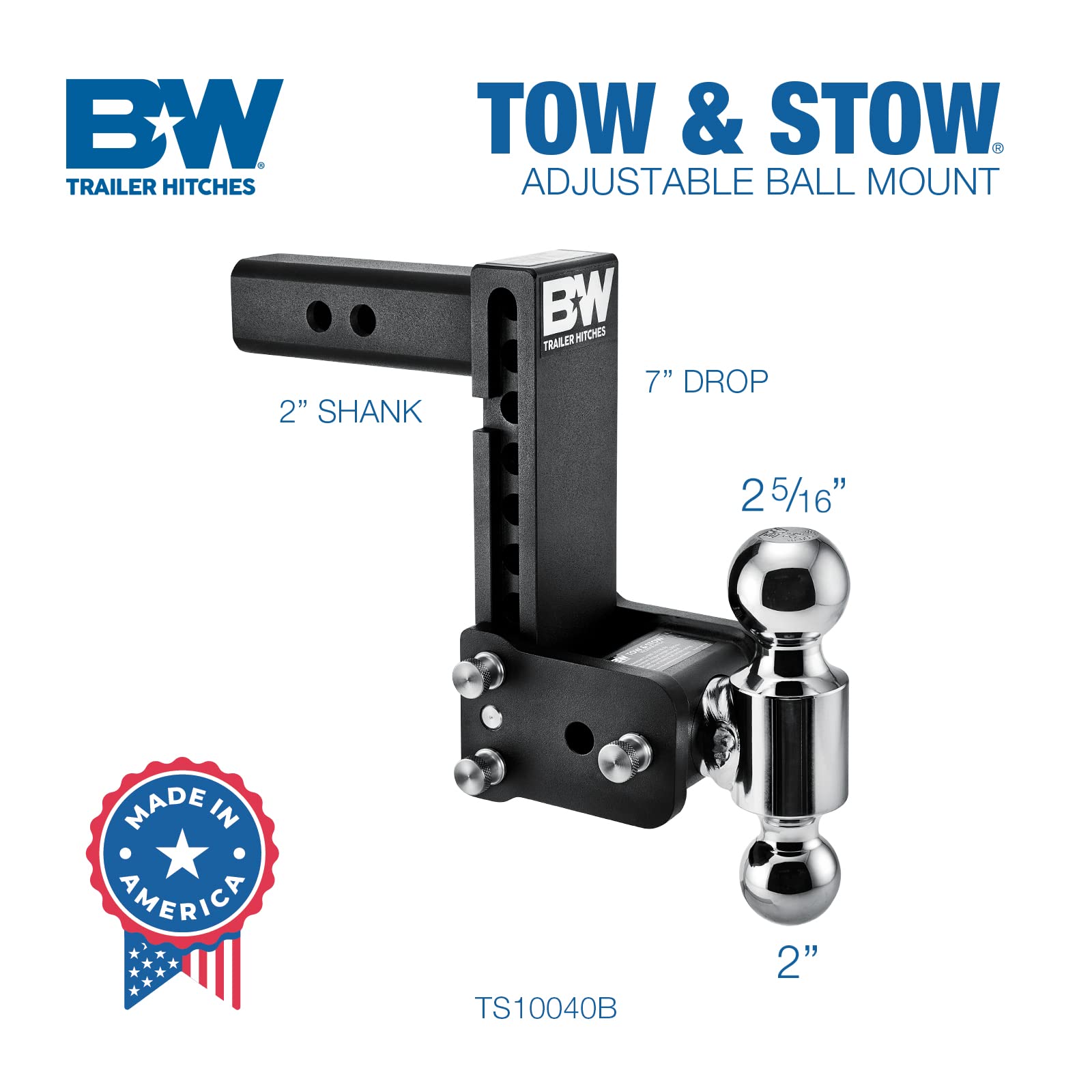 B&W Trailer Hitches Tow & Stow Adjustable Trailer Hitch Ball Mount - Fits 2" Receiver, Dual Ball (2" x 2-5/16"), 7" Drop, 10,000 GTW - TS10040B