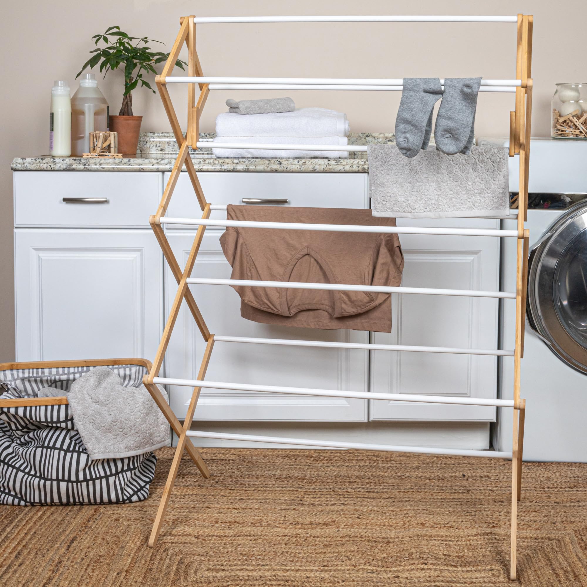 Household Essentials Folding Clothes Drying Rack, Wood Frame with Vinyl Dowels