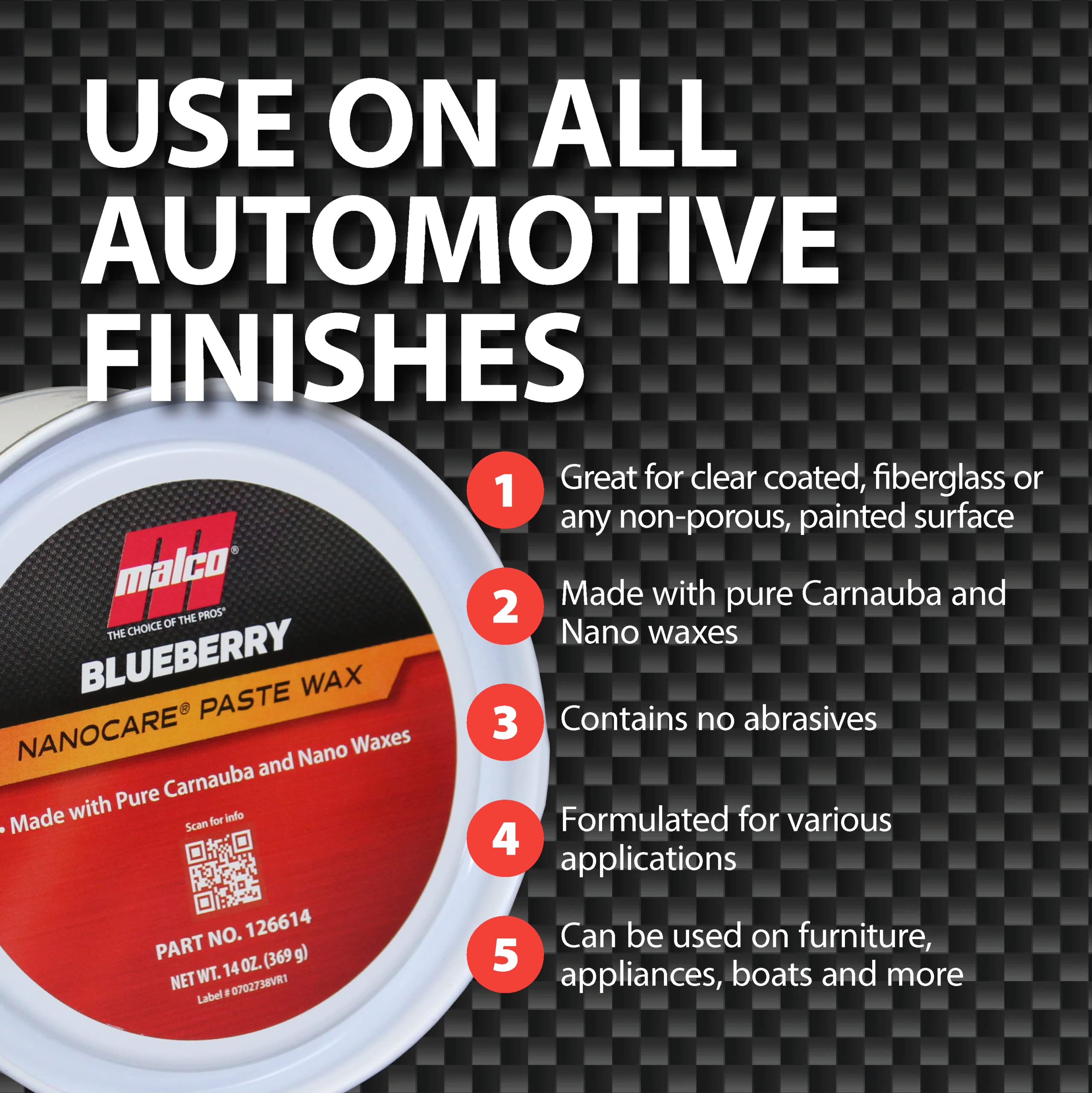 Malco Nano Care Blueberry Paste Wax - Creates High Gloss Finish and Long-Lasting Shine / Premium Paste Wax for Use on Fiberglass, Gel Coat and Painted Vehicle Finishes / 14 Oz. (126614)