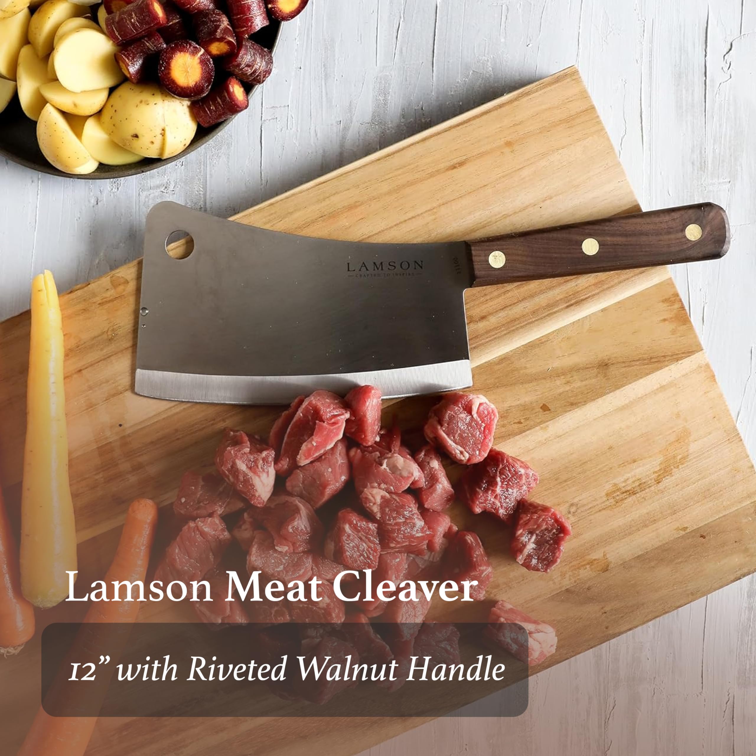Lamson Meat Cleaver, with Riveted Walnut Handle, Stainless Steel, 12"