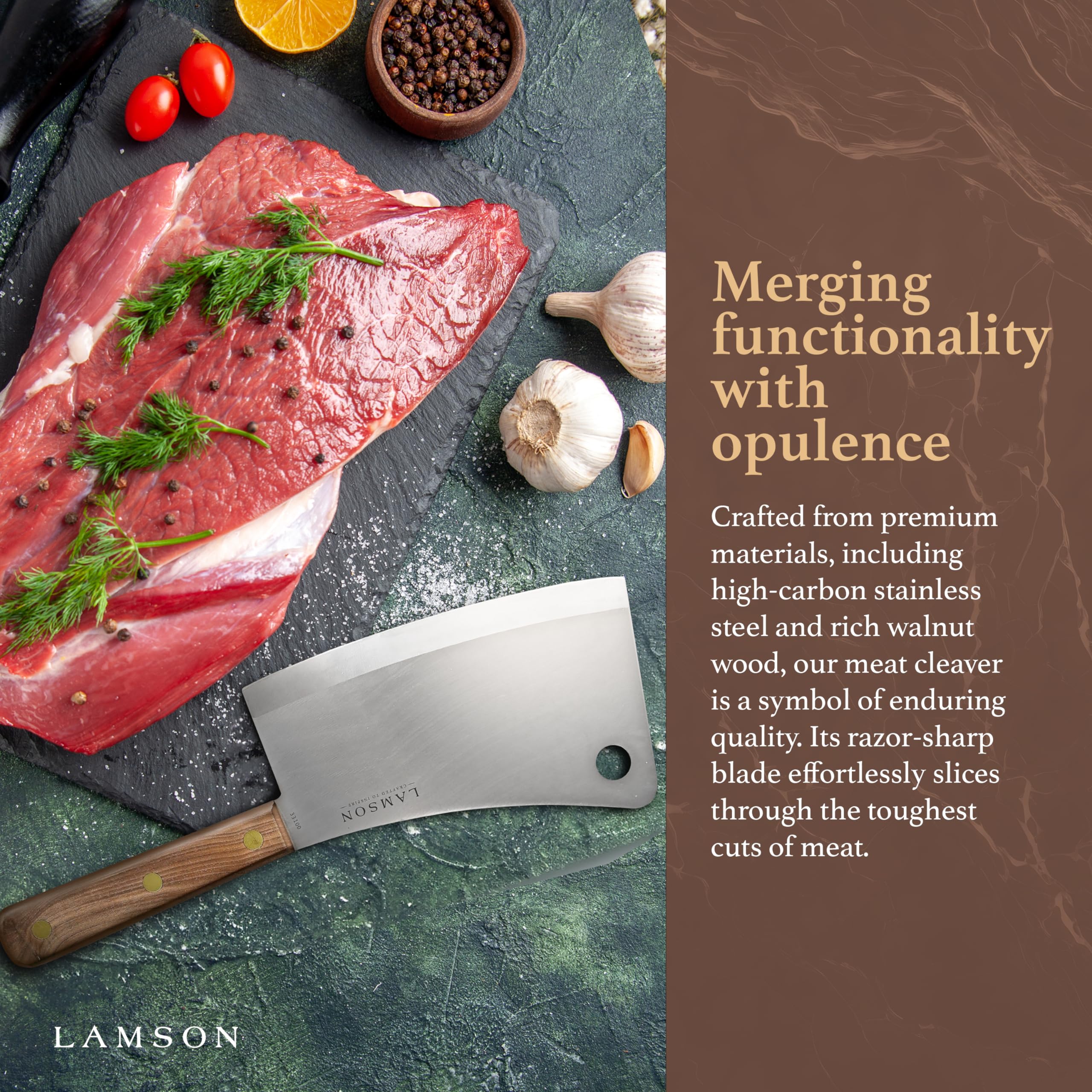 Lamson Meat Cleaver, with Riveted Walnut Handle, Stainless Steel, 12"