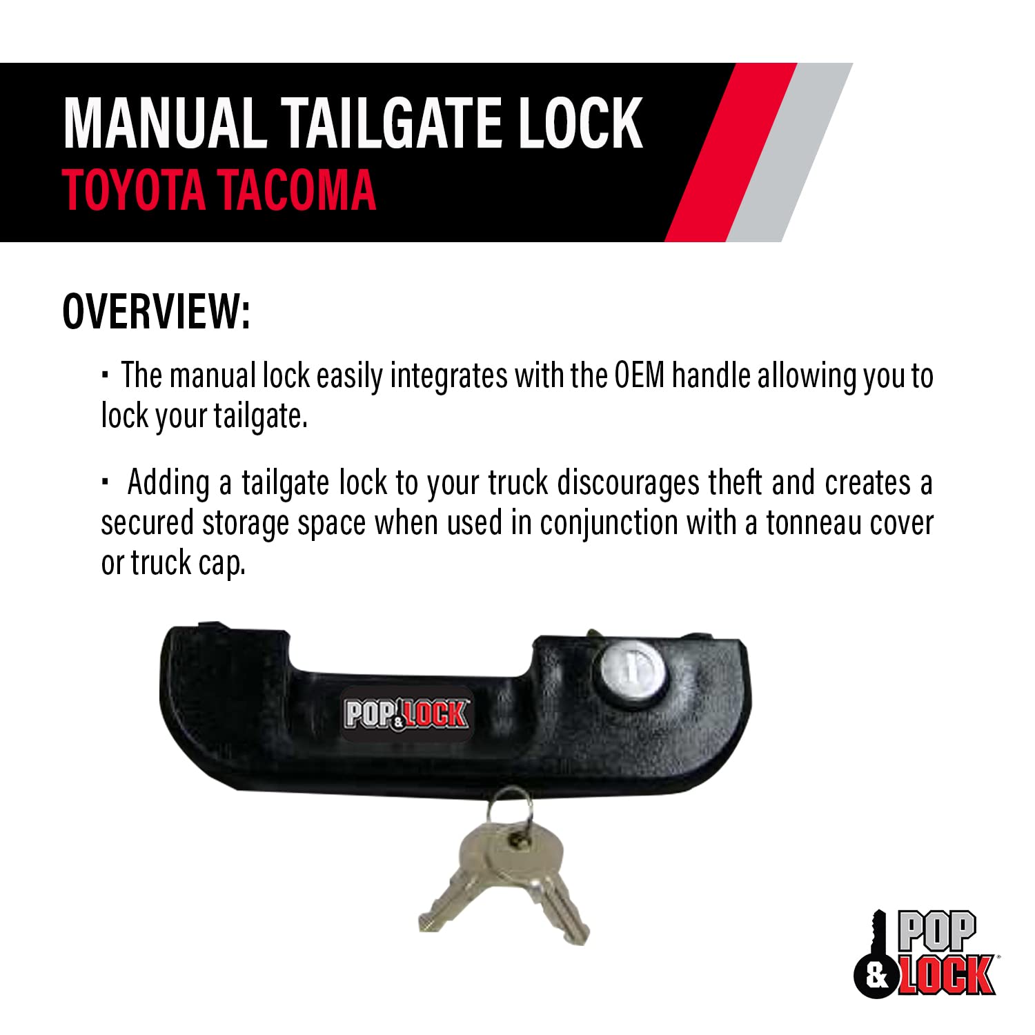 Pop & Lock β Manual Tailgate Lock for Toyota Tacoma, Fits 1995 to 2004 Models (Color Black, PL5100, Standard Lock)