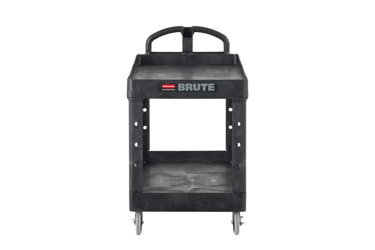 Rubbermaid Commercial Products 2-Shelf Utility/Service Cart, Medium, Lipped Shelves, Ergonomic Handle, 500 Lbs Capacity, for Warehouse/Garage/Cleaning/Manufacturing (FG452088BlA)