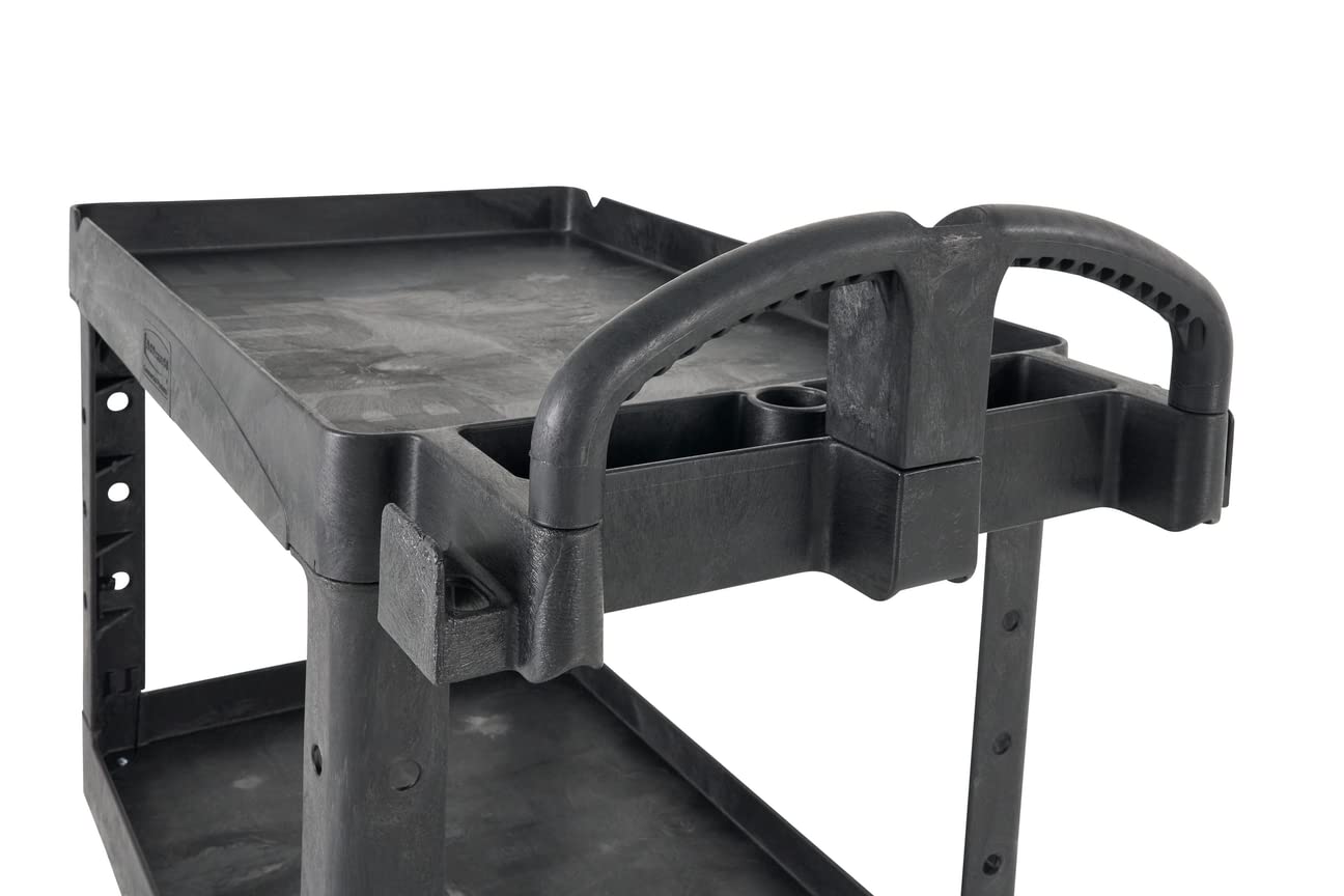 Rubbermaid Commercial Products 2-Shelf Utility/Service Cart, Medium, Lipped Shelves, Ergonomic Handle, 500 Lbs Capacity, for Warehouse/Garage/Cleaning/Manufacturing (FG452088BlA)