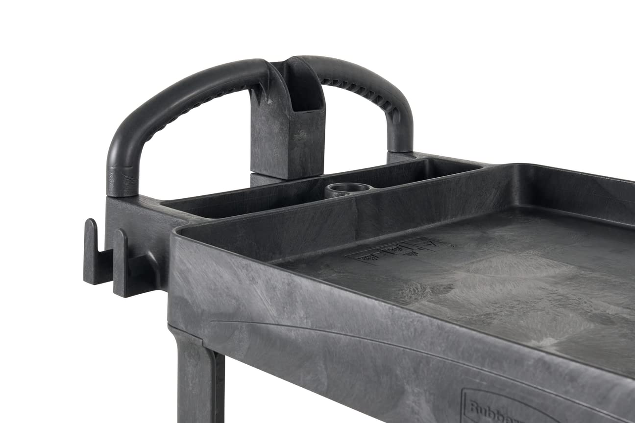 Rubbermaid Commercial Products 2-Shelf Utility/Service Cart, Medium, Lipped Shelves, Ergonomic Handle, 500 Lbs Capacity, for Warehouse/Garage/Cleaning/Manufacturing (FG452088BlA)