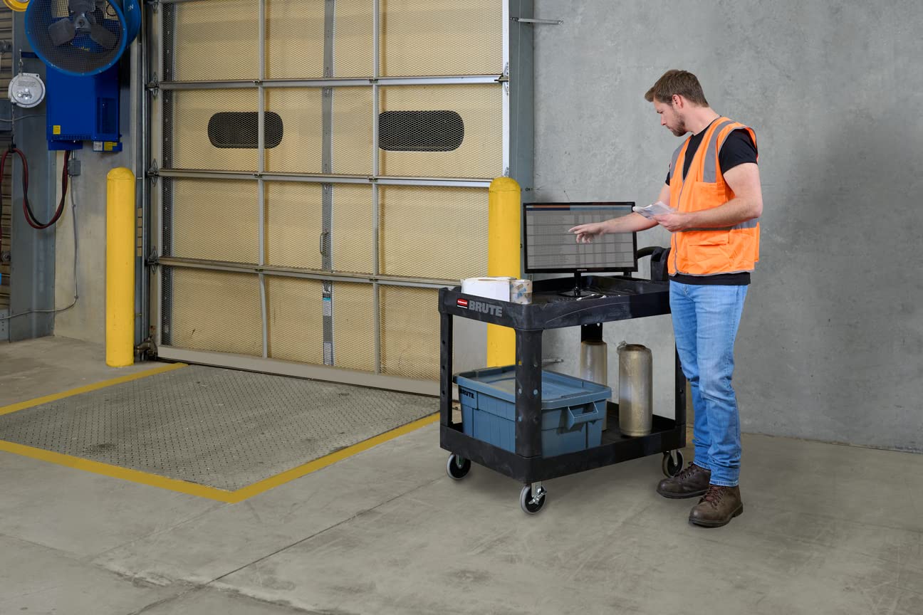 Rubbermaid Commercial Products 2-Shelf Utility/Service Cart, Medium, Lipped Shelves, Ergonomic Handle, 500 Lbs Capacity, for Warehouse/Garage/Cleaning/Manufacturing (FG452088BlA)