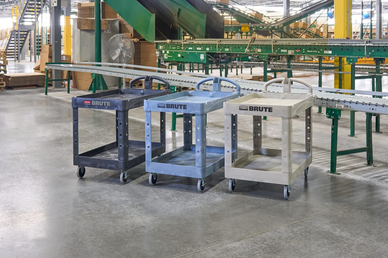Rubbermaid Commercial Products 2-Shelf Utility/Service Cart, Medium, Lipped Shelves, Ergonomic Handle, 500 Lbs Capacity, for Warehouse/Garage/Cleaning/Manufacturing (FG452088BlA)