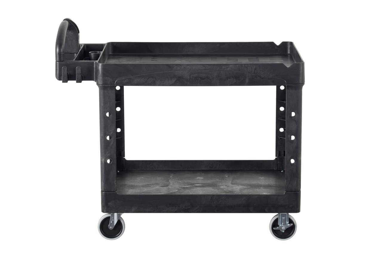 Rubbermaid Commercial Products 2-Shelf Utility/Service Cart, Medium, Lipped Shelves, Ergonomic Handle, 500 Lbs Capacity, for Warehouse/Garage/Cleaning/Manufacturing (FG452088BlA)