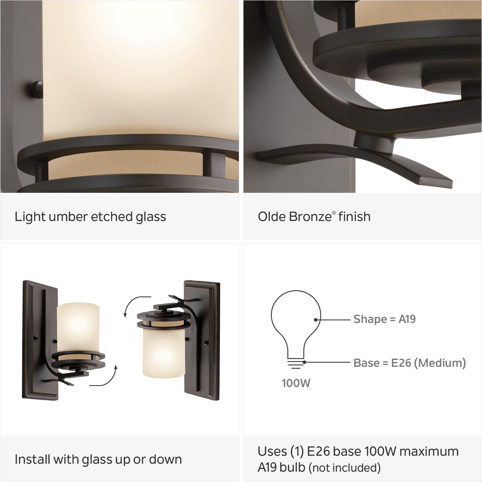 Kichler Hendrik 12" 1 Light Wall Sconce with Light Umber Etched Glass Olde Bronze®