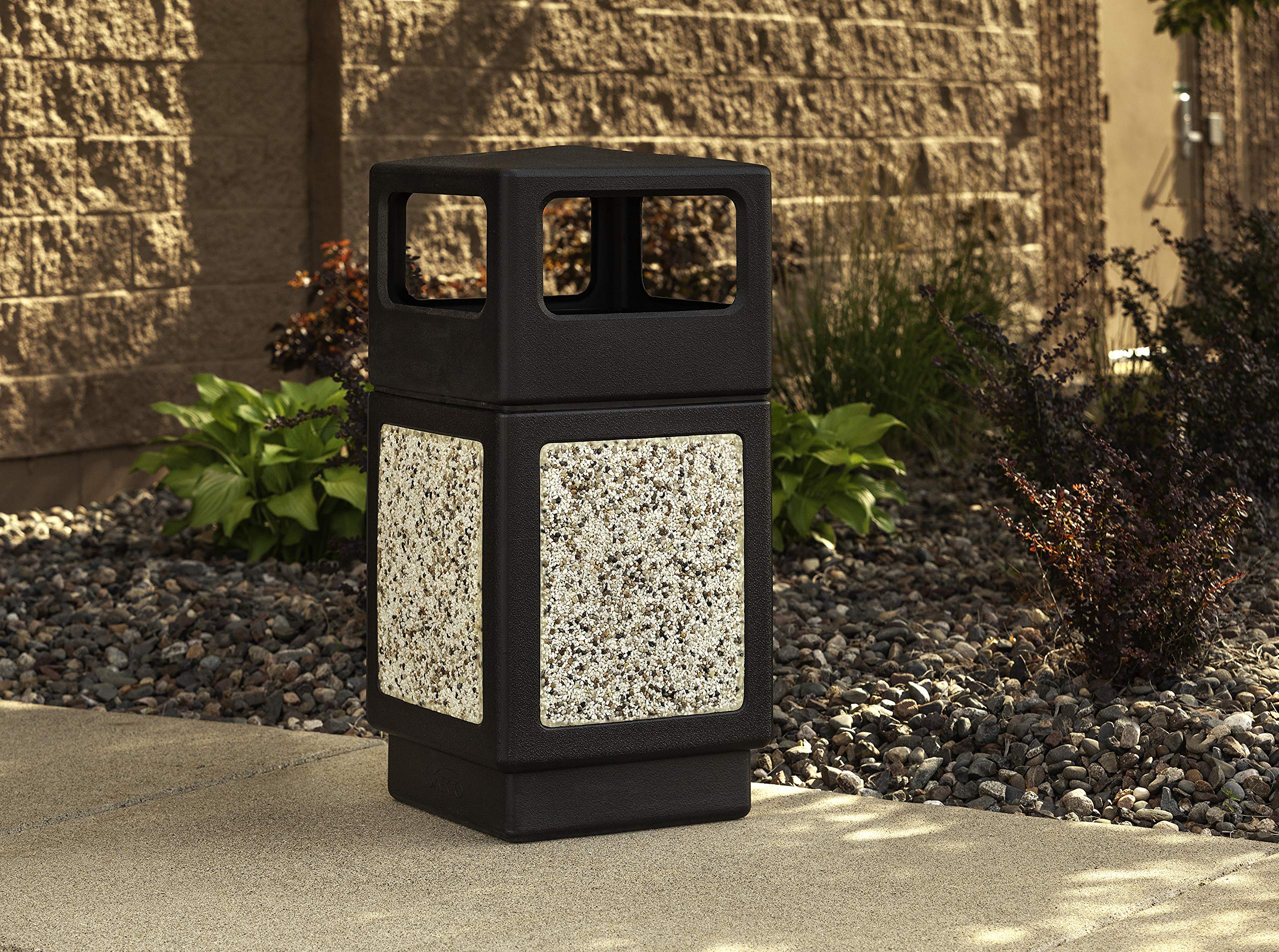 Safco Products Canmeleon Outdoor/Indoor Aggregate Panel Trash Can 9472NC, Black, Natural Stone Panels, Outdoor/Indoor Use, 38-Gallon Capacity