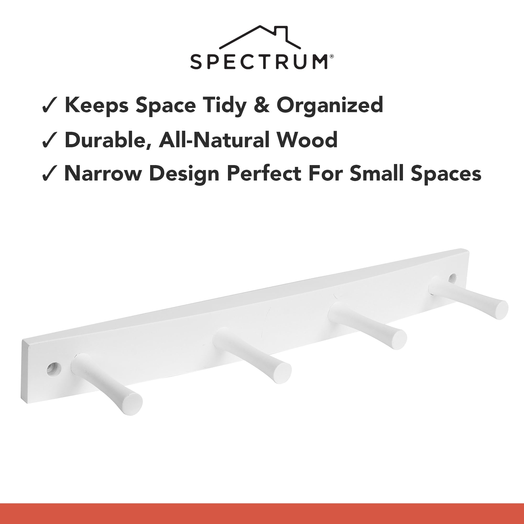 Spectrum Diversified Wall-Mounted 4 Peg Wood Hook, Hat Organizer & Coat Entryway or Closet Bathroom Storage Racks for Towels & Bath Robes, White