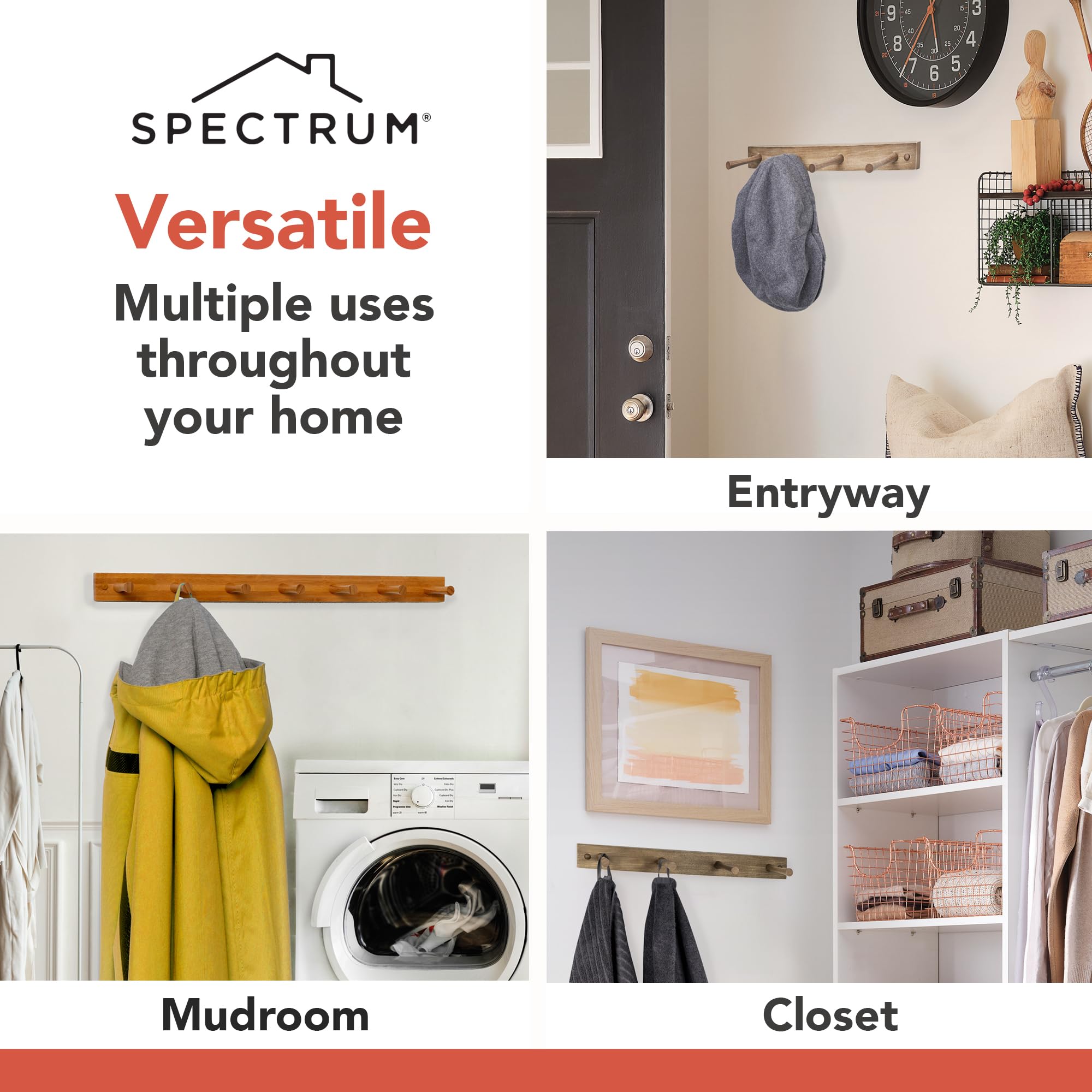 Spectrum Diversified Wall-Mounted 4 Peg Wood Hook, Hat Organizer & Coat Entryway or Closet Bathroom Storage Racks for Towels & Bath Robes, White