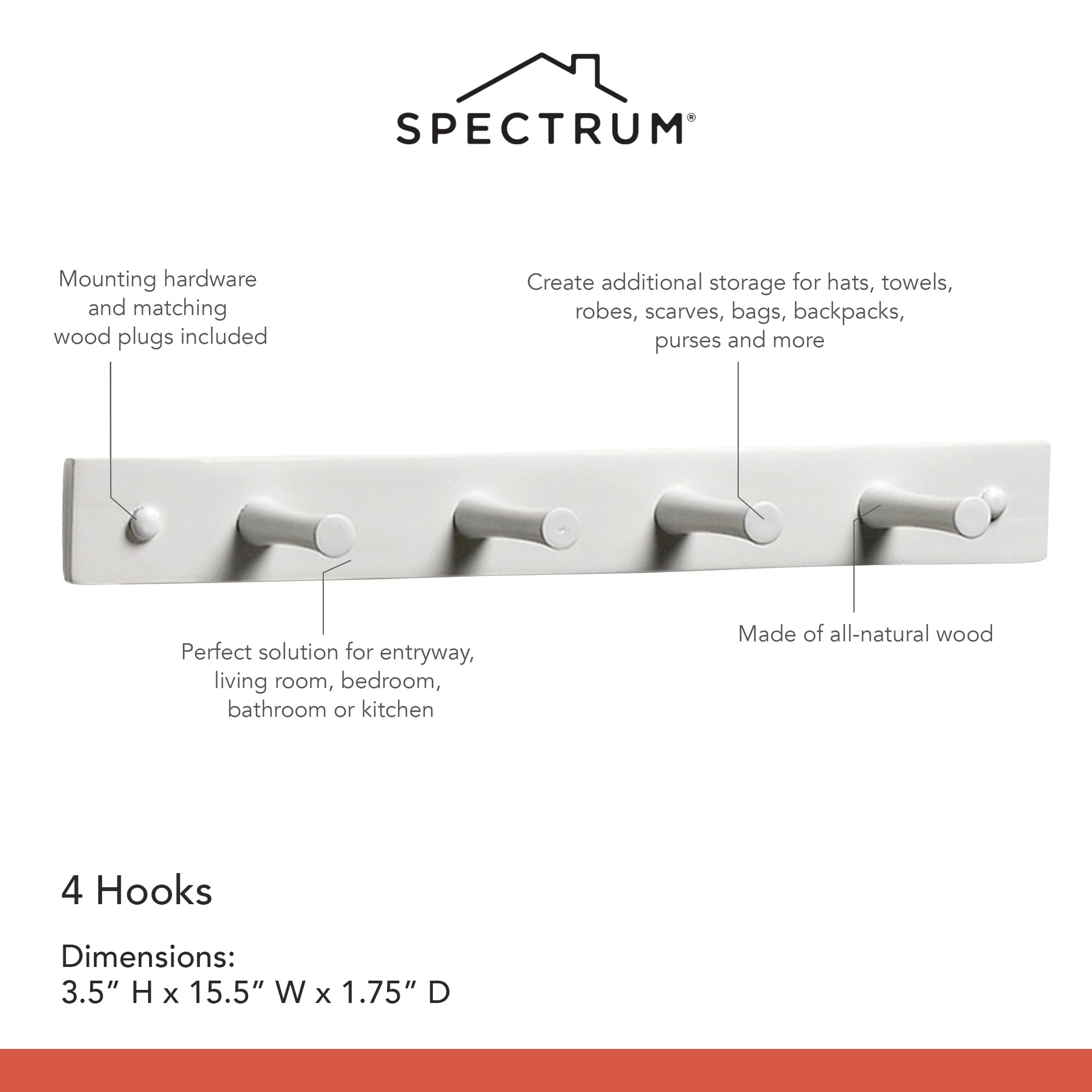 Spectrum Diversified Wall-Mounted 4 Peg Wood Hook, Hat Organizer & Coat Entryway or Closet Bathroom Storage Racks for Towels & Bath Robes, White