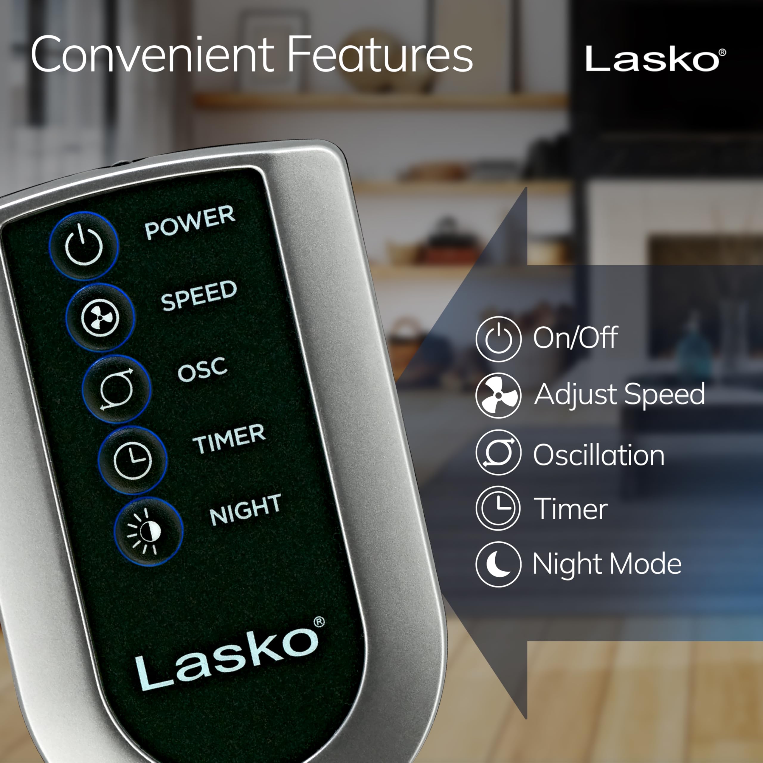 Lasko Portable Electric 42" Oscillating Tower Fan with Nighttime Setting, Timer and Remote Control for Indoor, Bedroom and Home Office Use, Silver, T42951