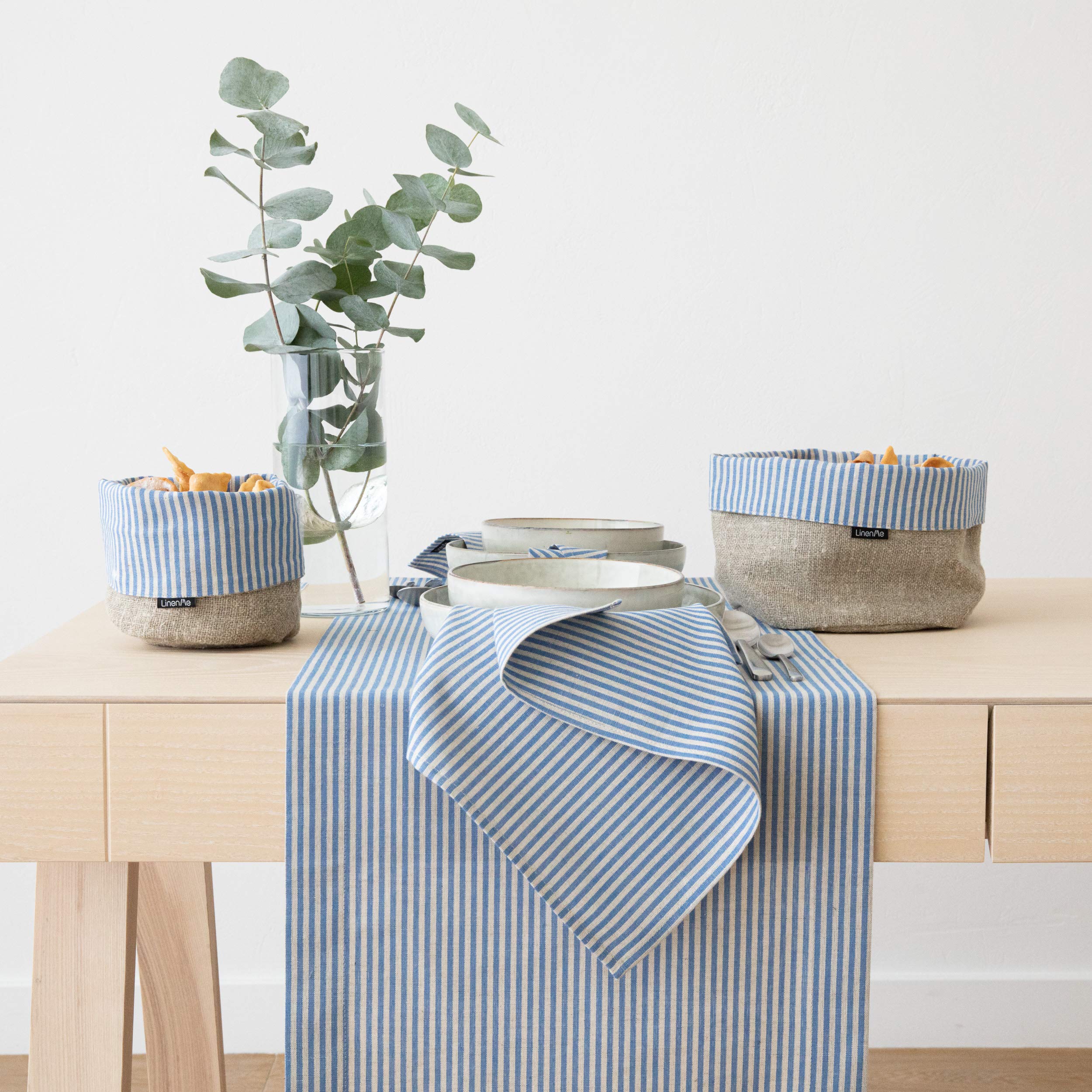 LinenMe Blue Striped Linen Cotton Basket Jazz, Small (6 x 8)