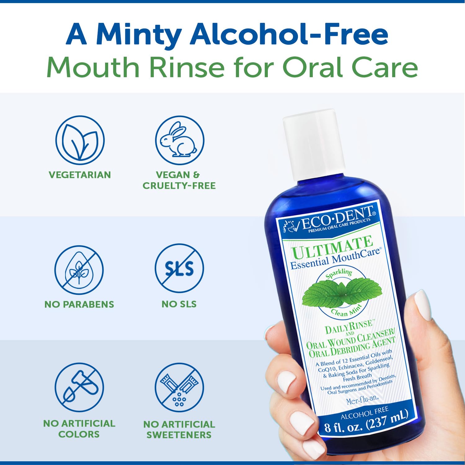 EcoDent Ultimate Sparkling Clean Mint Daily Mouth Rinse, Wound Cleaner, Essential Oils, Baking Soda, Co-Q10, Mouthwash, Fluoride Free Mouthwash (2-pack, 8 Fl Oz Ea)