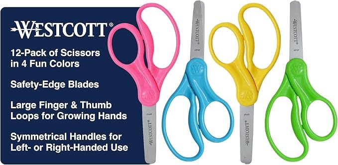 Westcott 13140 Right- and Left-Handed Scissors, Kids' Scissors, Ages 4-8, 5-Inch Blunt Tip, Assorted, 12 Pack