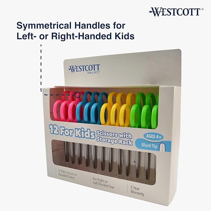 Westcott 13140 Right- and Left-Handed Scissors, Kids' Scissors, Ages 4-8, 5-Inch Blunt Tip, Assorted, 12 Pack