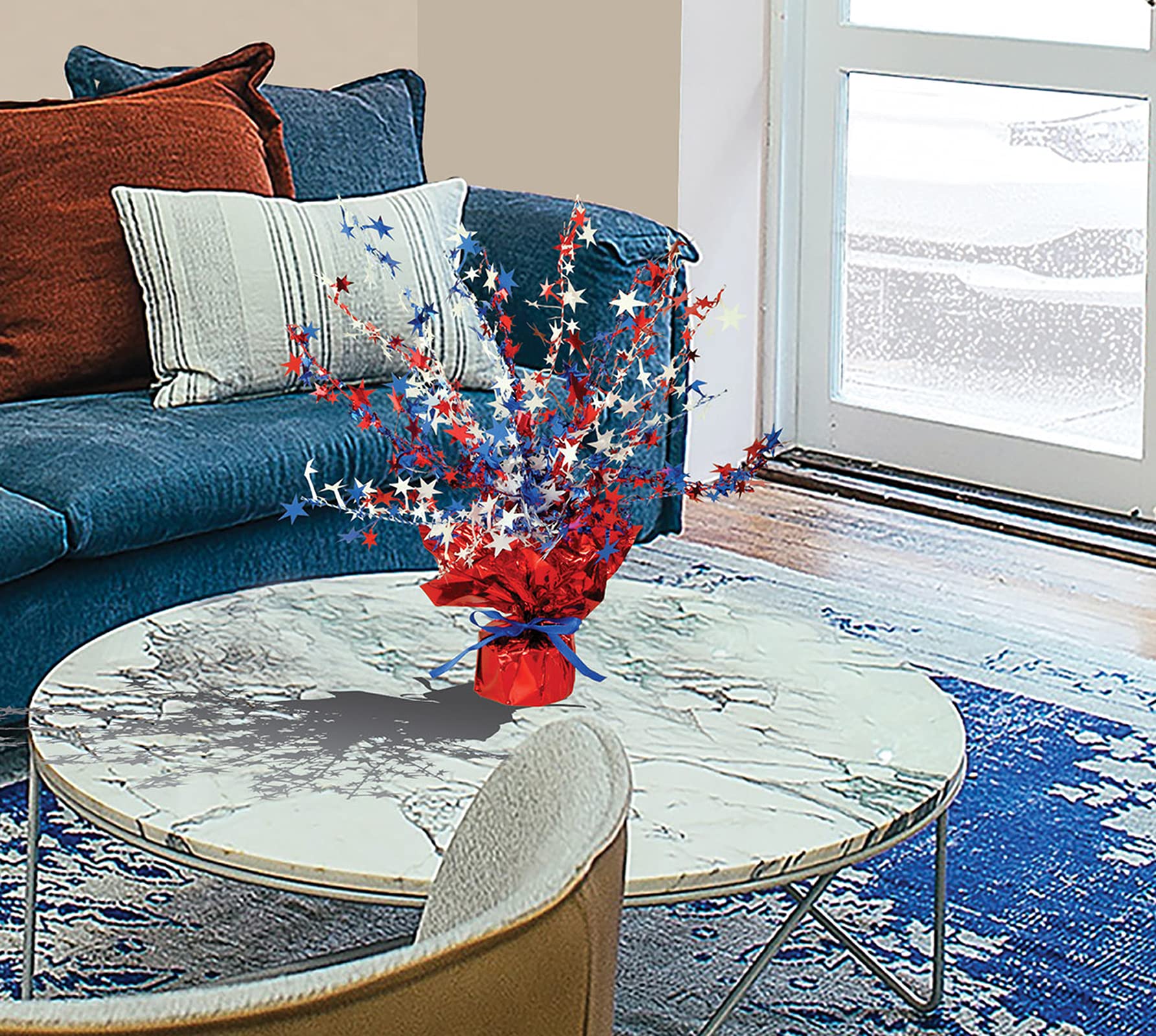 Beistle Metallic Plastic USA Patriotic Star Gleam ‘N Burst Centerpiece – American 4th Of July Decorations , Red White and Blue