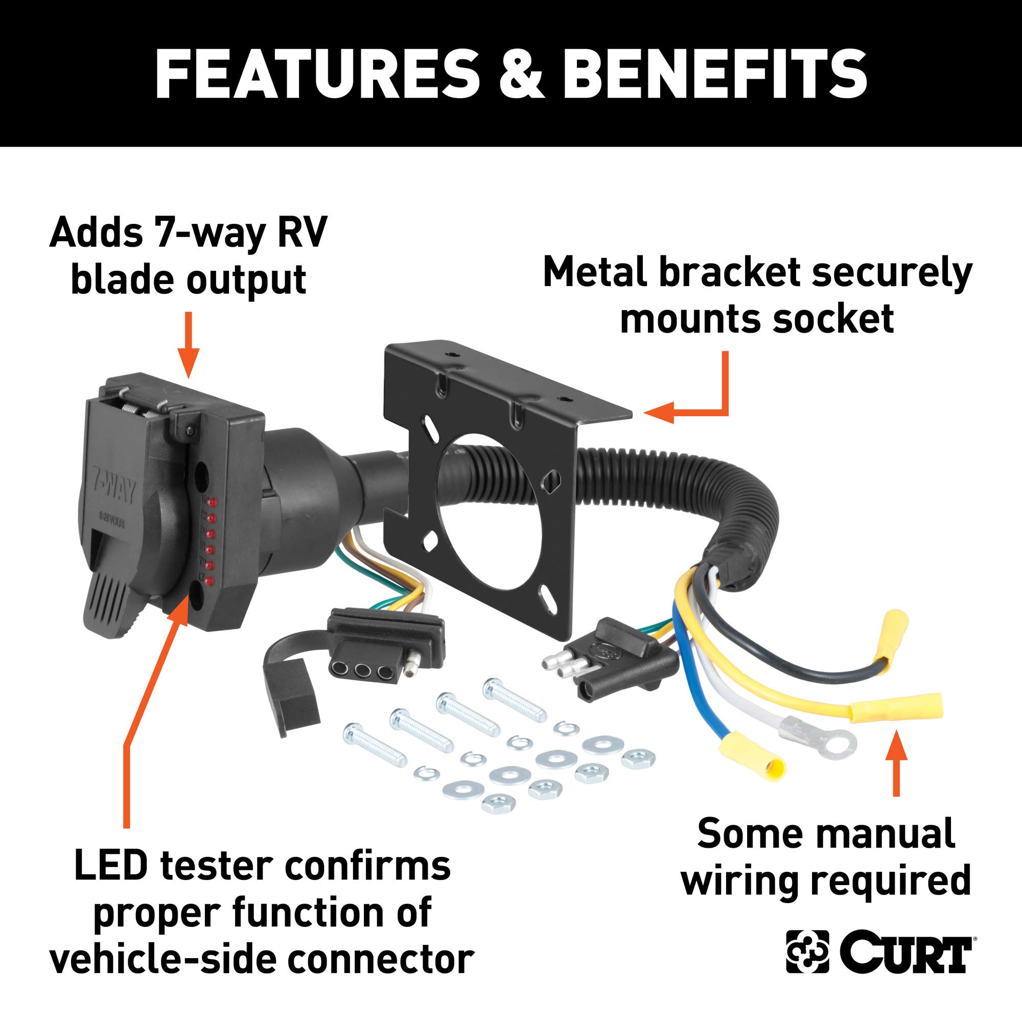CURT 57674 Dual-Output 4-Way Flat Vehicle-Side to 7-Way RV Blade Trailer Wiring Adapter with Tester , black