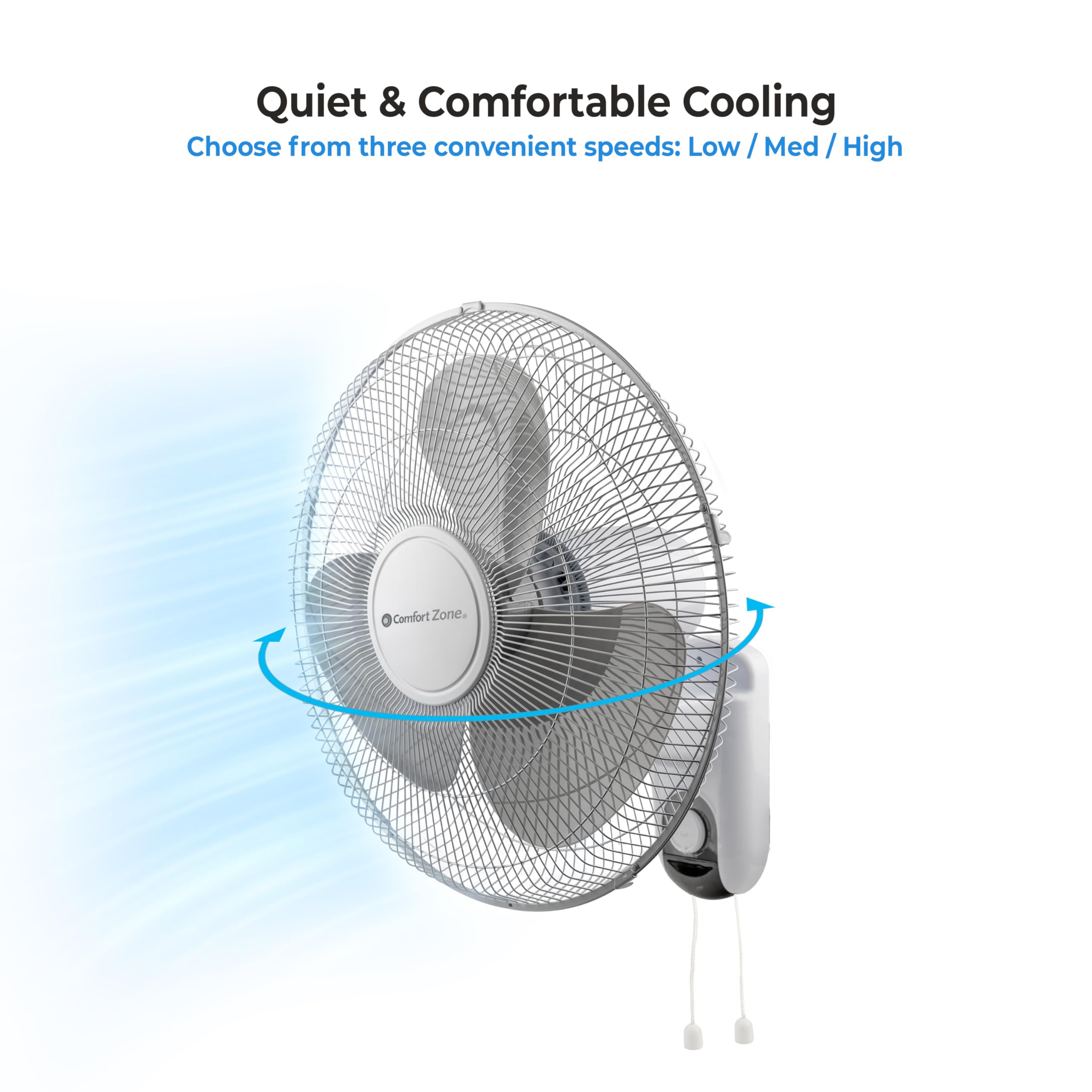 Comfort Zone CZ16W 16” 3-Speed Oscillating Wall-Mount Fan with Adjustable Tilt, Metal Grille, 90-Degree Oscillation, White