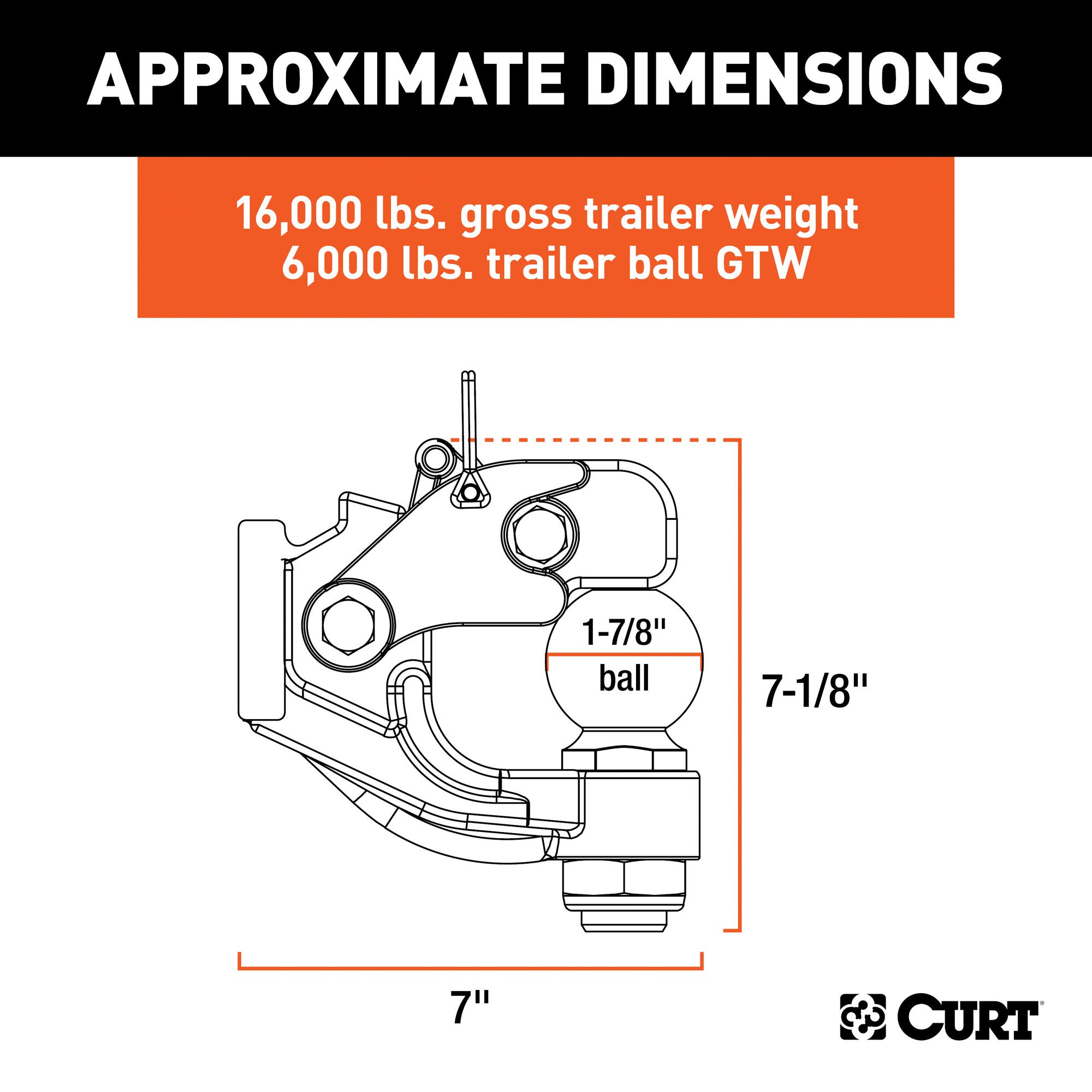 CURT 48180 Pintle Hitch with 1-7/8-Inch Trailer Ball, 16,000 lbs, Mount Required