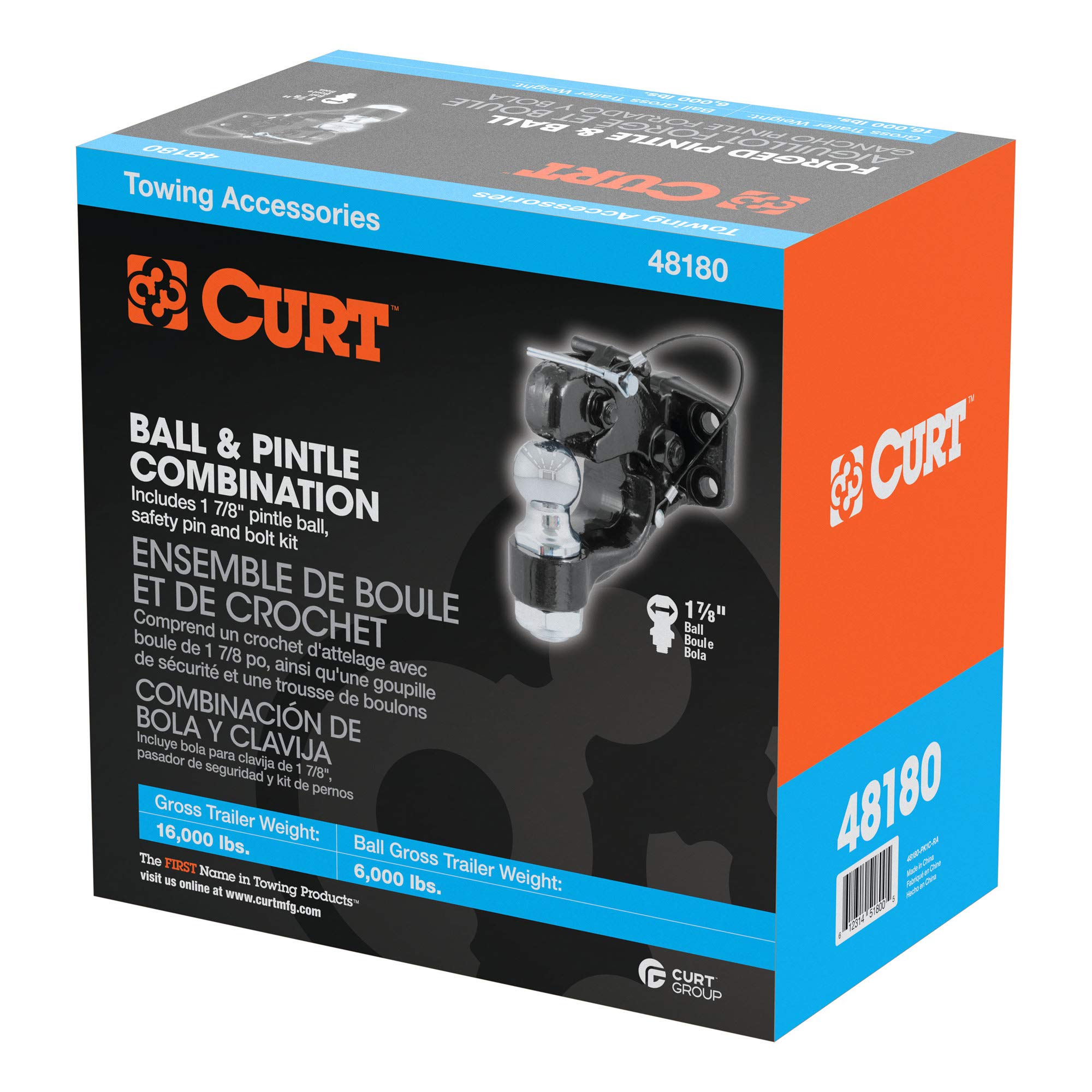 CURT 48180 Pintle Hitch with 1-7/8-Inch Trailer Ball, 16,000 lbs, Mount Required