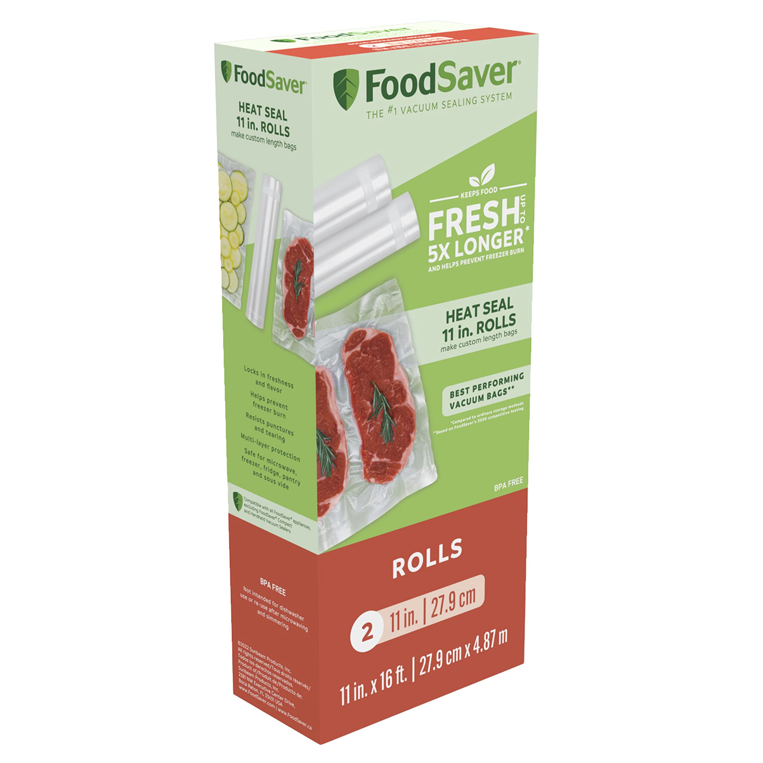 FoodSaver 11" x 16' Vacuum Seal Rolls with BPA-Free Multilayer Construction for Food Preservation, 2-Pack