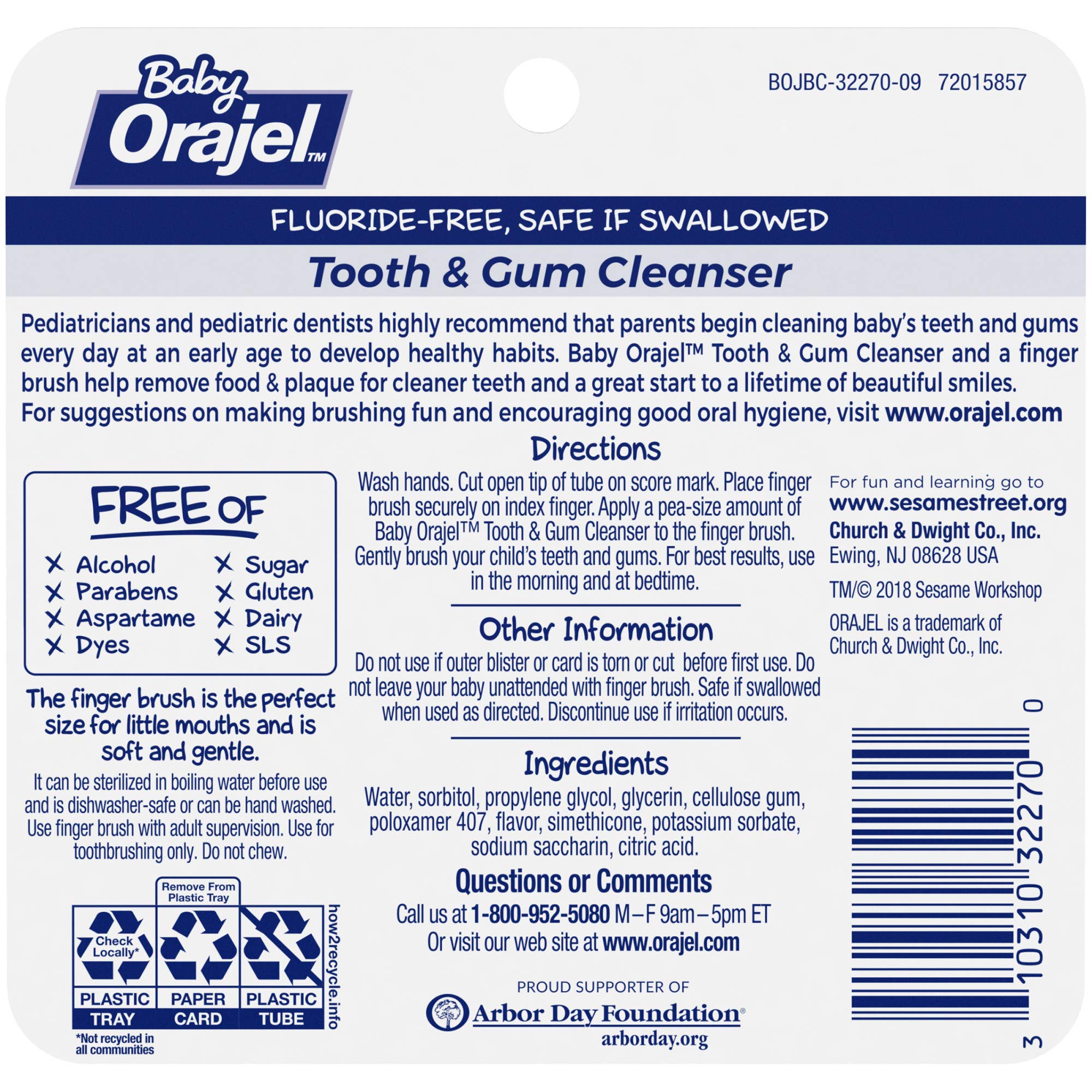 Orajel Elmo Fluoride-Free Tooth & Gum Cleanser with Finger Brush, Combo Pack, Fruity Fun Flavored Non-Fluoride, 0.7 oz.