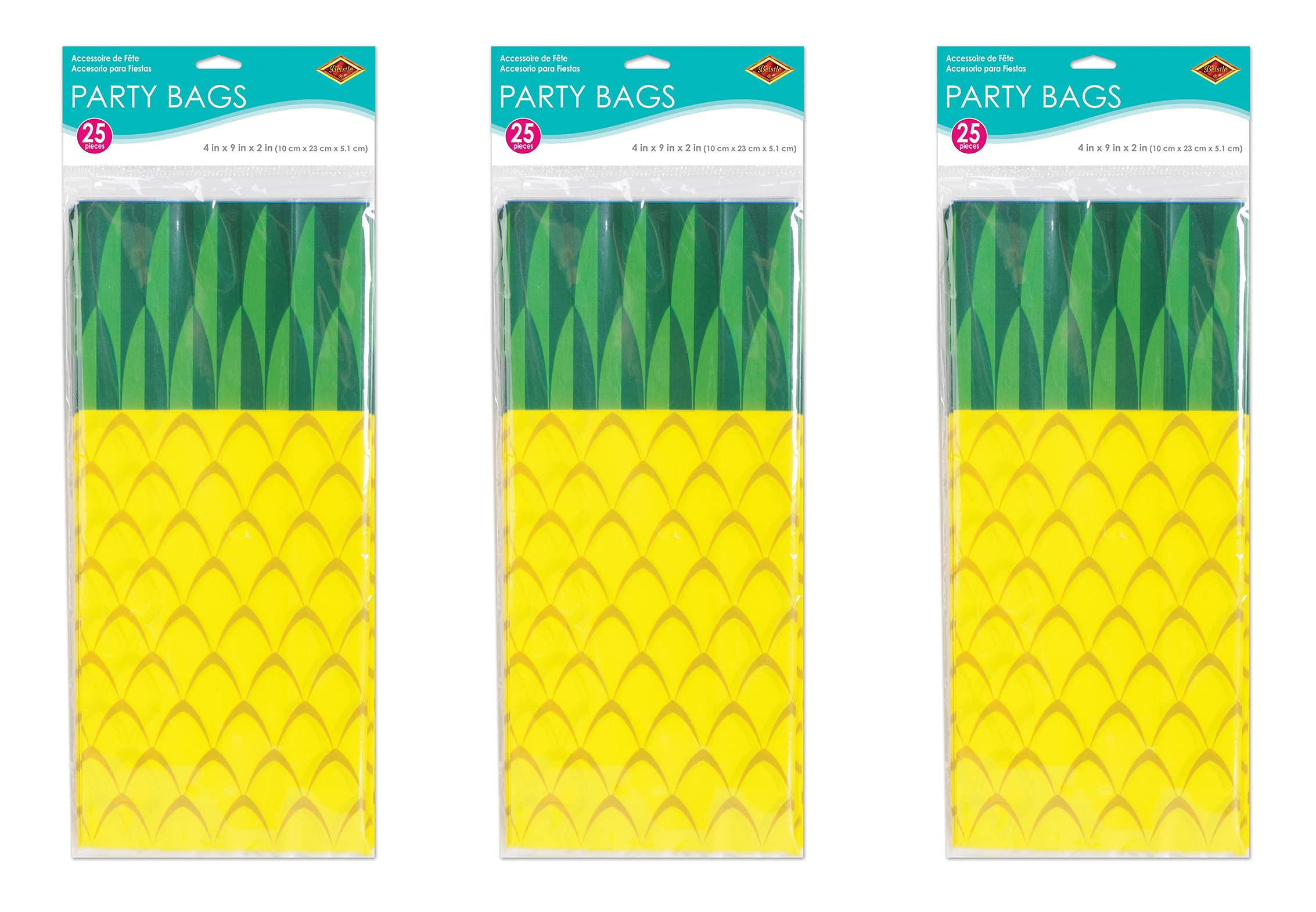 Beistle 75 Piece Tropical Treat Favor Bags - Luau Party Pineapple Cello Candy Bags With Twist Ties
