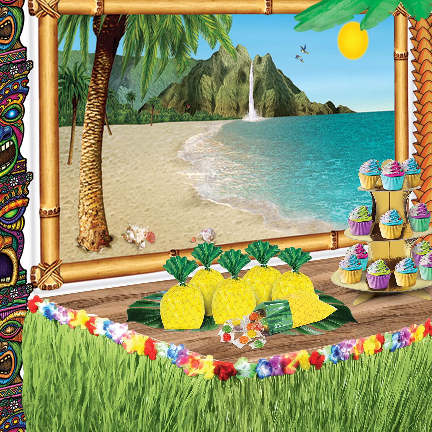 Beistle 75 Piece Tropical Treat Favor Bags - Luau Party Pineapple Cello Candy Bags With Twist Ties