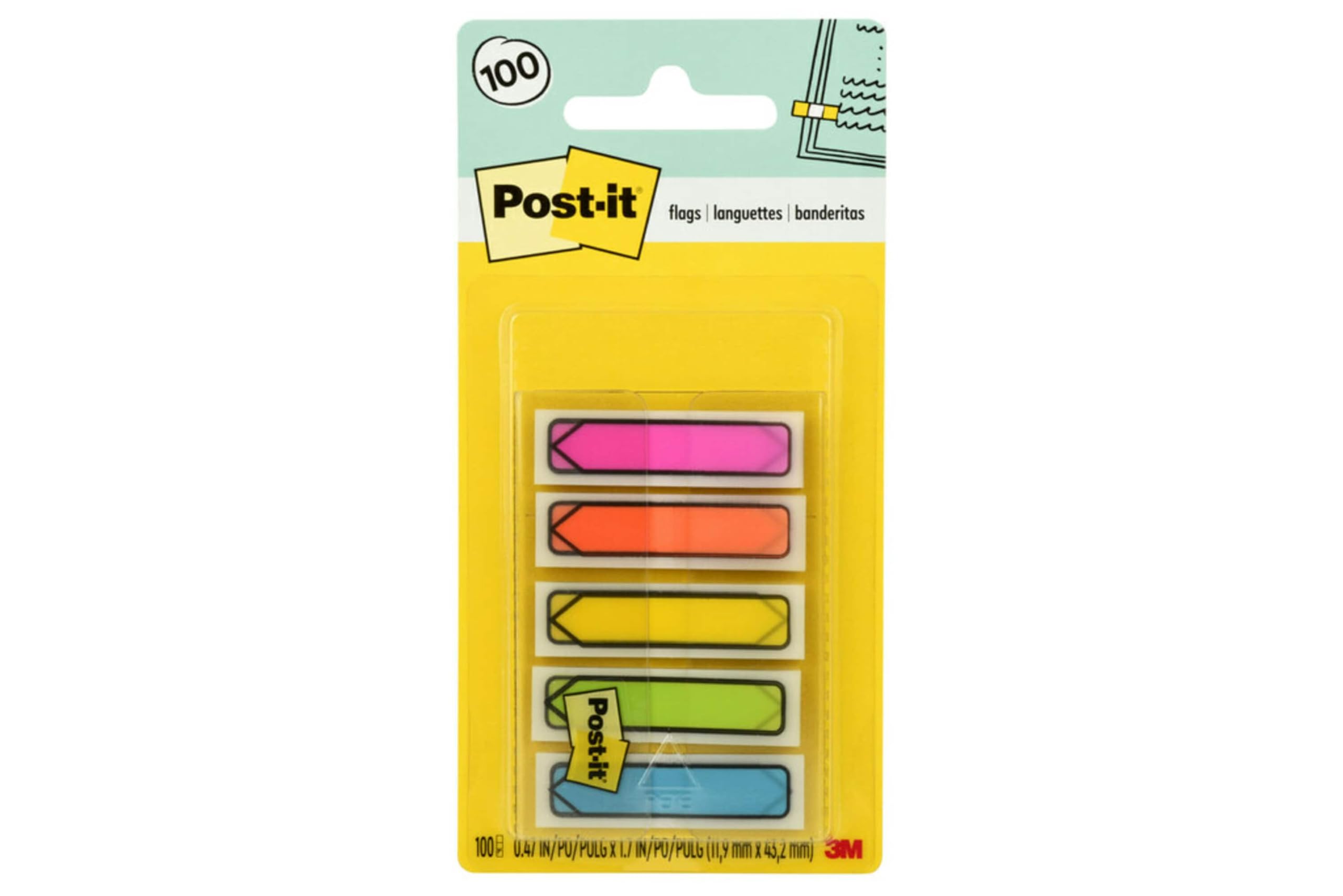 Post-it Arrow Flags, Assorted Bright Colors, .47 in. Wide, 100/On-the-Go Dispenser, 1 Dispenser/Pack, (684-ARR2)