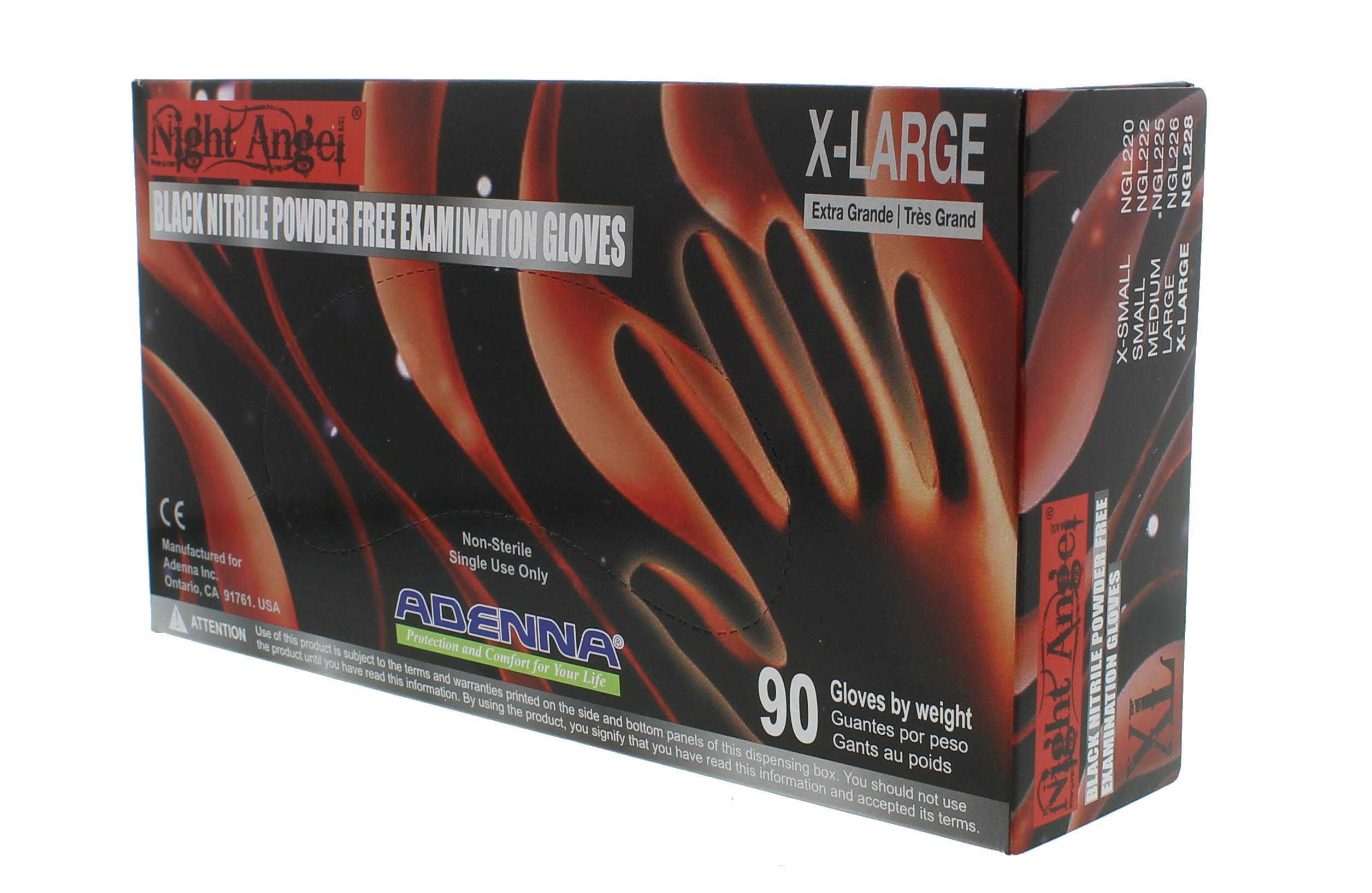 Adenna NGL228 Night Angel 4 mil Nitrile Powder Free Exam Gloves (Black, X-Large) Box of 90