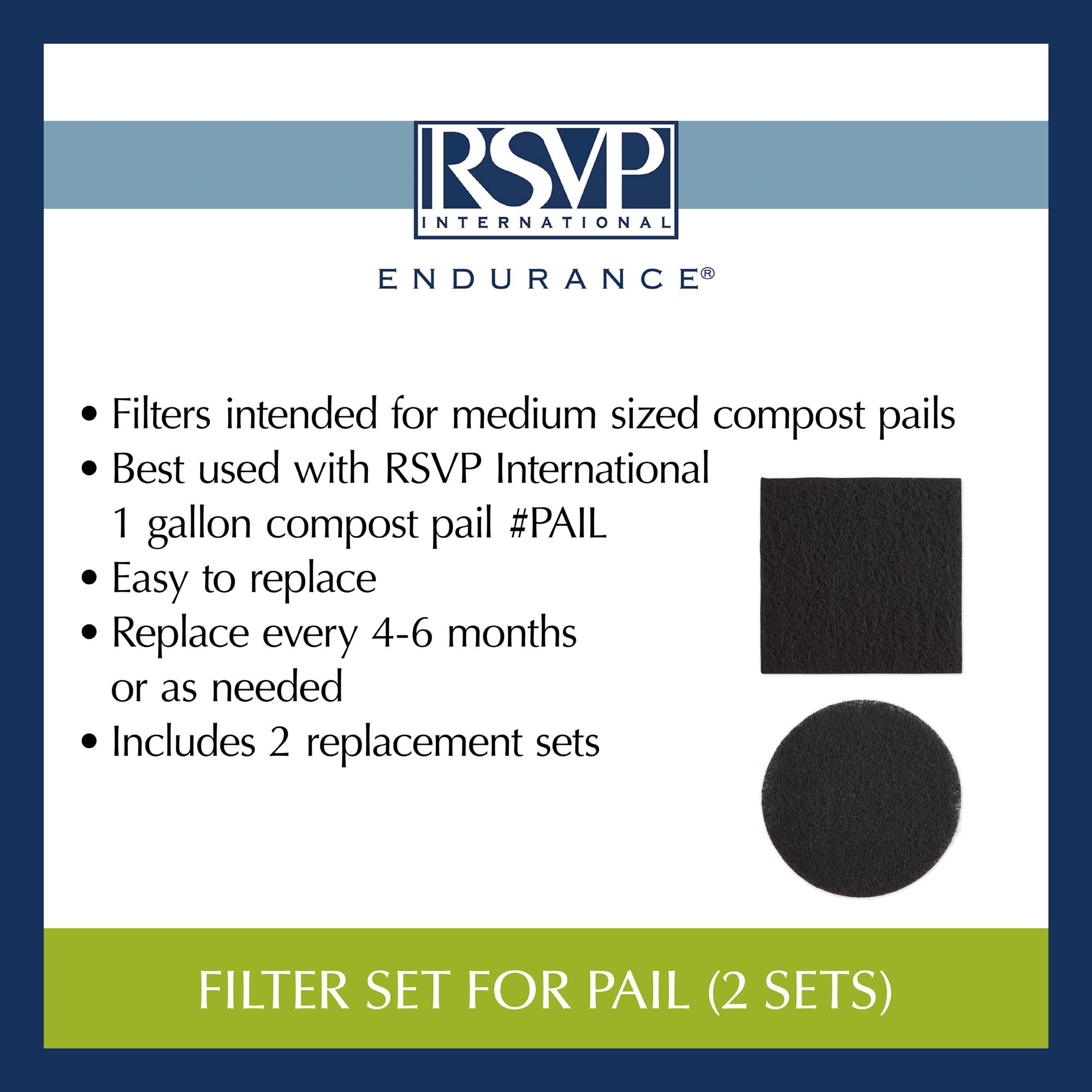 RSVP International Kitchen Collection Compost Pail, Filter Replacement, 2-Piece, 1/2-Gallon, Charcoal