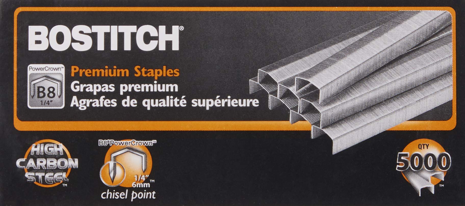 Bostitch Office B8 PowerCrown Premium Staples, 0.25 Inch Leg, Full-Strip (STCR21151/4), silver
