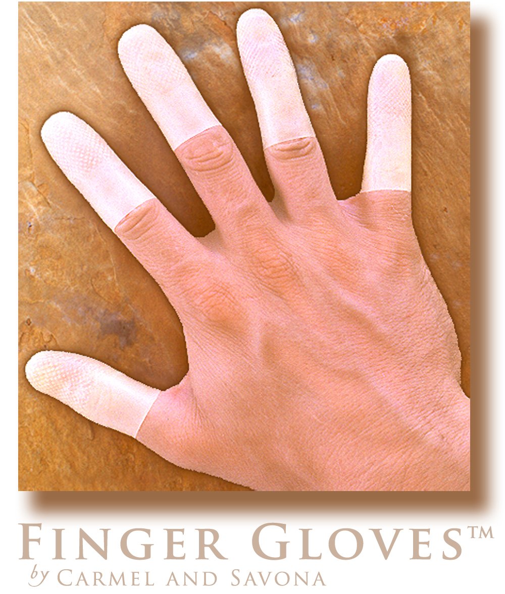 Finger Gloves (tm) by Carmel and Savona = Reusable Natural Rubber that fits like a Durable Second Skin ~ May be trimmed to any preferred length while still remaining Reusable + Touch Screen Compatible