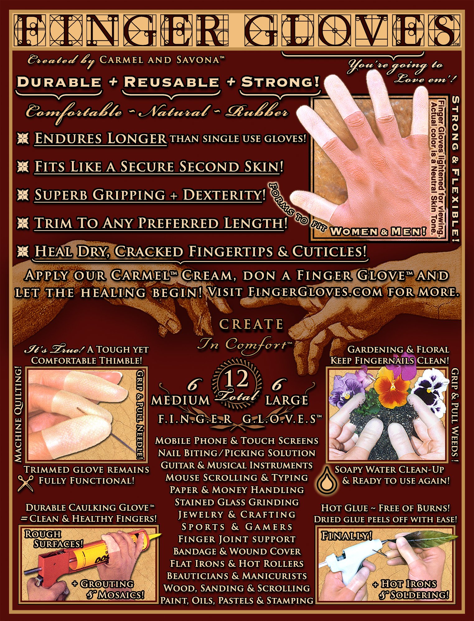 Finger Gloves (tm) by Carmel and Savona = Reusable Natural Rubber that fits like a Durable Second Skin ~ May be trimmed to any preferred length while still remaining Reusable + Touch Screen Compatible