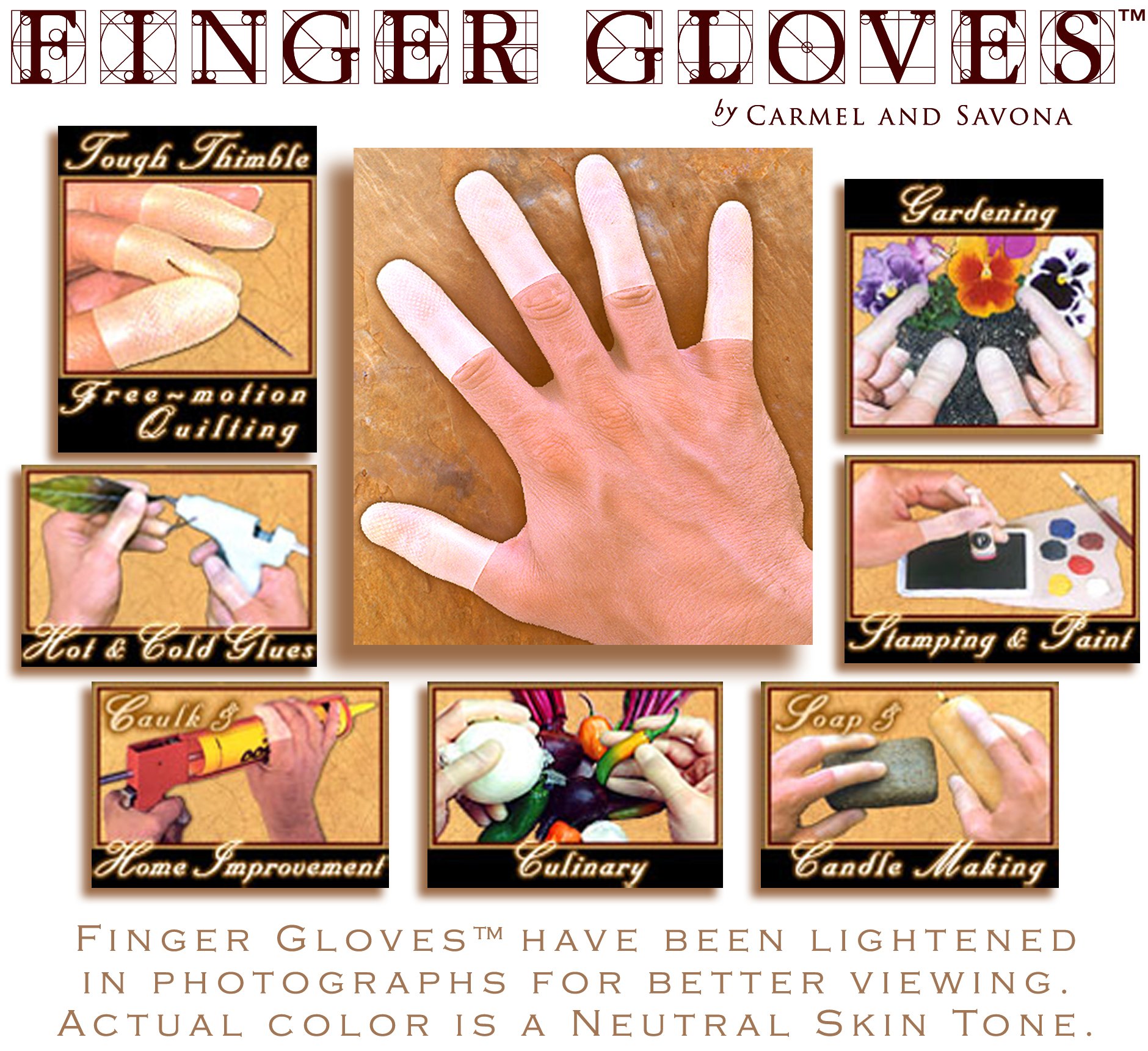 Finger Gloves (tm) by Carmel and Savona = Reusable Natural Rubber that fits like a Durable Second Skin ~ May be trimmed to any preferred length while still remaining Reusable + Touch Screen Compatible