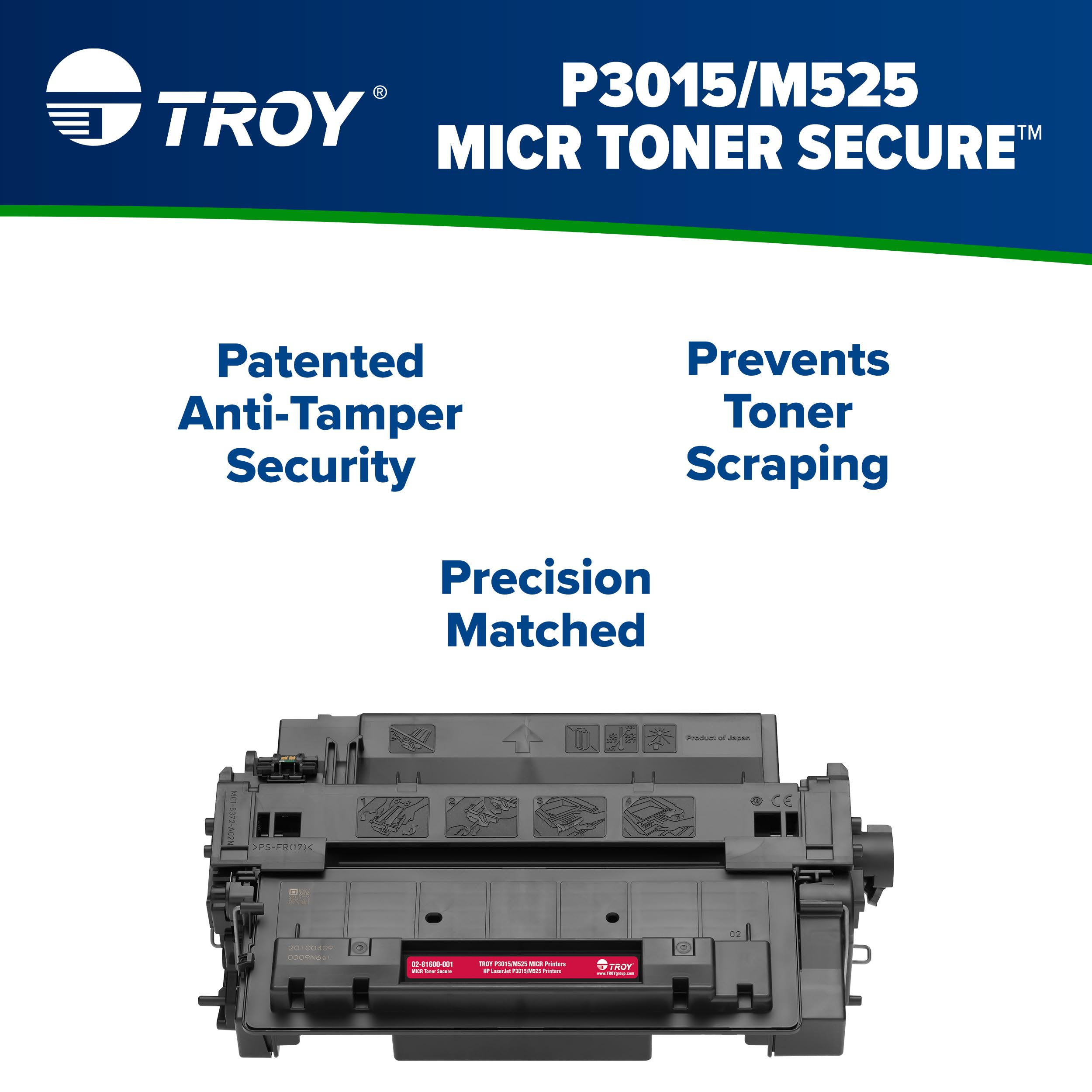Troy 02-81600-001 3015/M525 MICR Toner Secure Cartridge (Coordinating HP Part Number: HP-CE255A), Black, Standard Yield