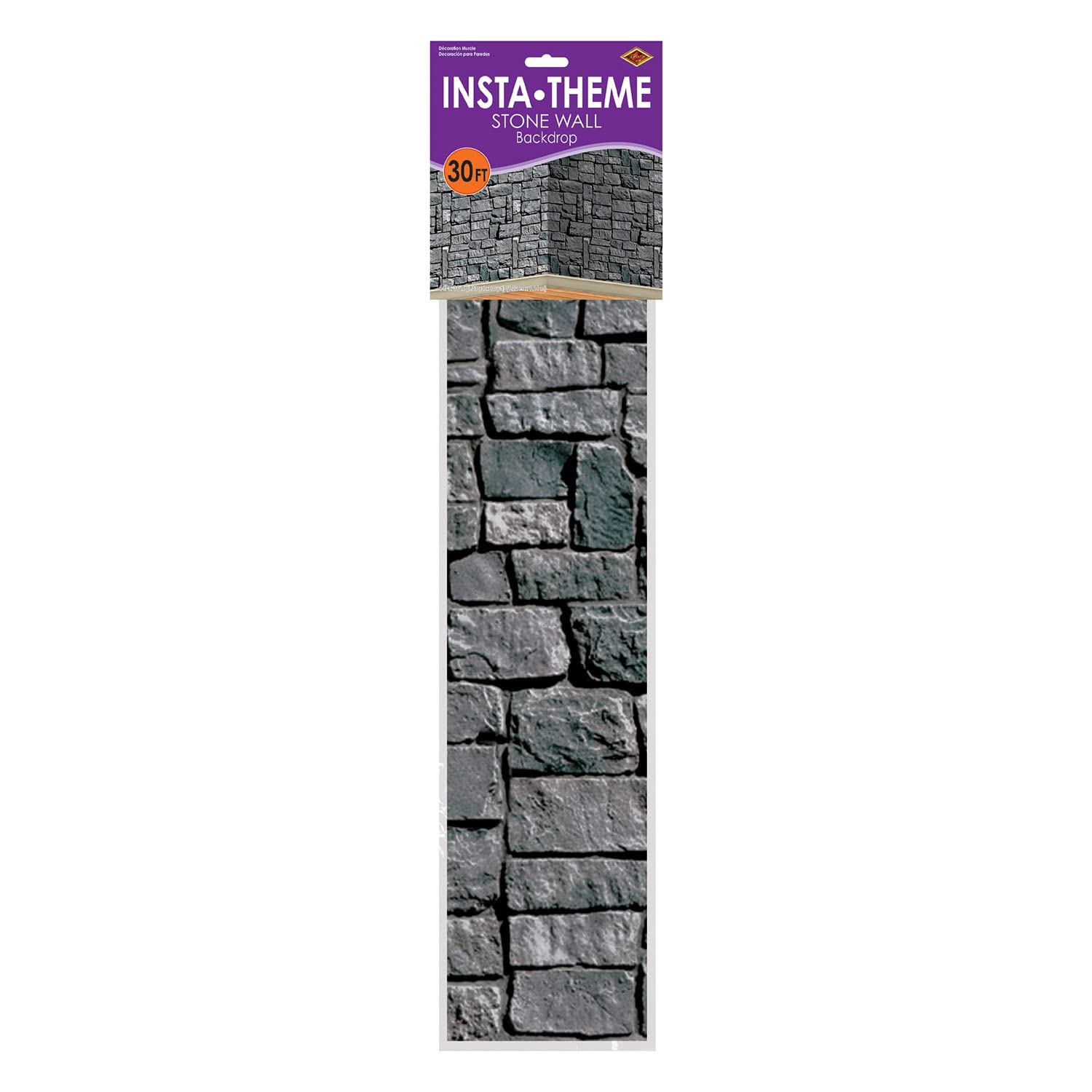 Beistle Brick Stone Wall Photography Backdrop Textured Look Photo Op Background for Weddings-Halloween Party Decorations, 4' x 30', Gray/Black