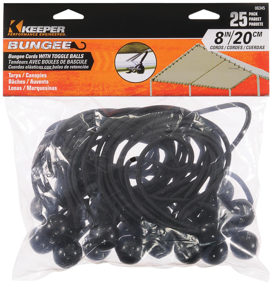 Keeper - 8" Canopy Bungee Cords with Toggle Balls, 25 Pack
