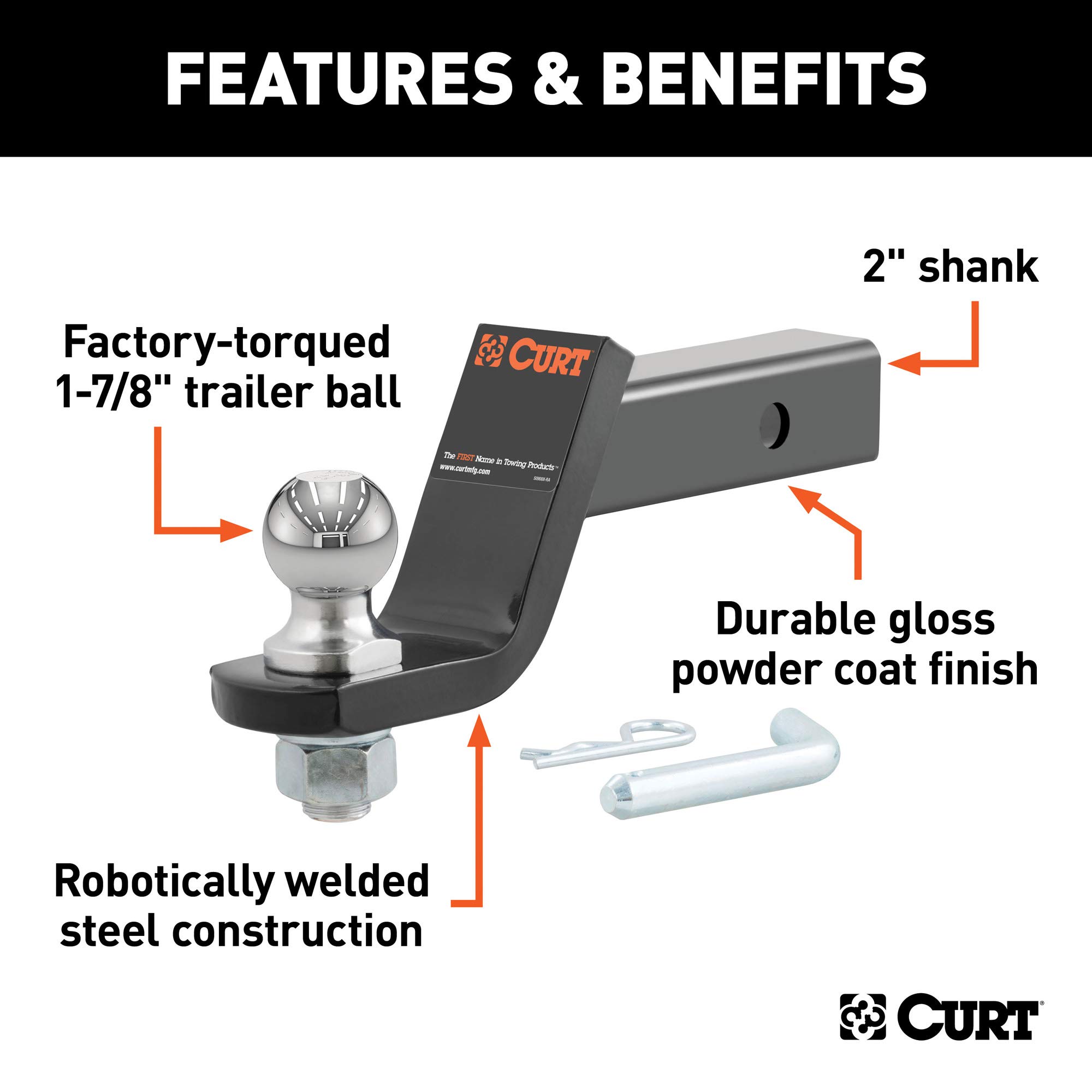 CURT 45055 Trailer Hitch Mount with 1-7/8-Inch Ball & Pin, Fits 2-Inch Receiver, 3,500 lbs, 4-Inch Drop