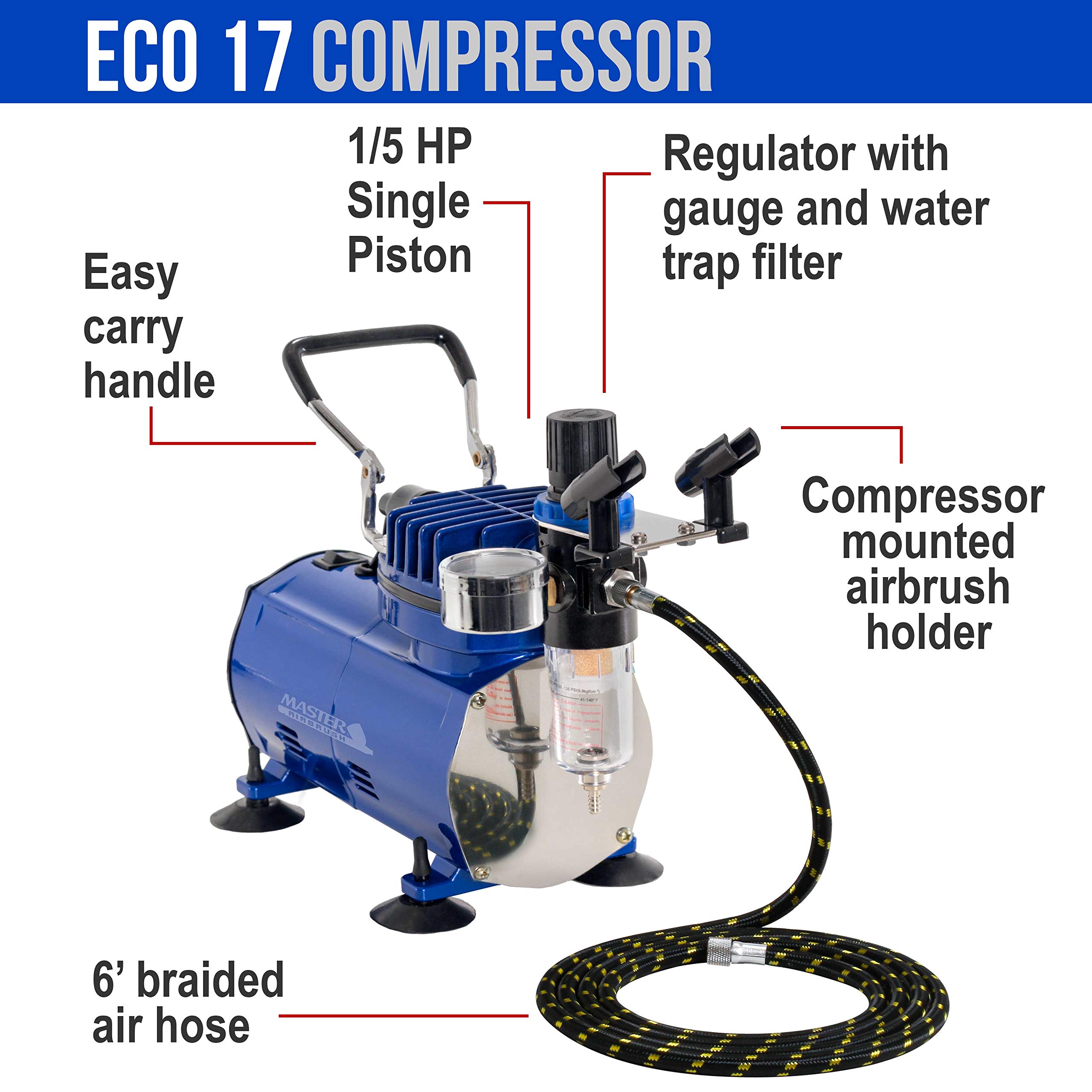 Master Airbrush Multi-purpose Gravity Feed Dual-action Airbrush Kit with 6 Foot Hose and a Powerful 1/5hp Single Piston Quiet Air Compressor