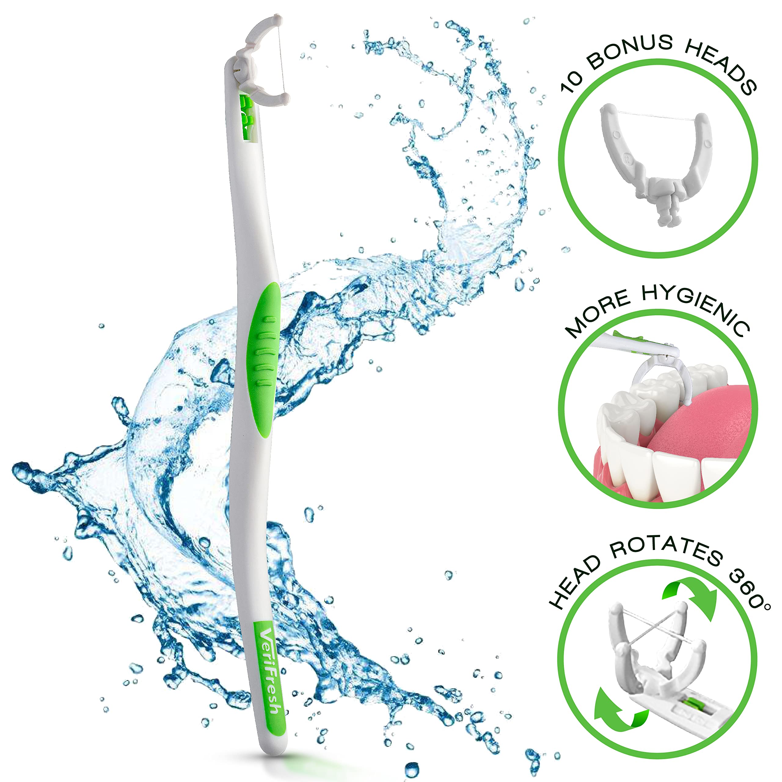 VeriFloss Dental Flosser with 10 Head Refill - Teeth Flossers for Adults & Kids, Flossing Tool - Ergonomic Design w/360° Swivel Head, Glide Lock - Reusable Floss Picks, Cleaning Kit - VeriFresh