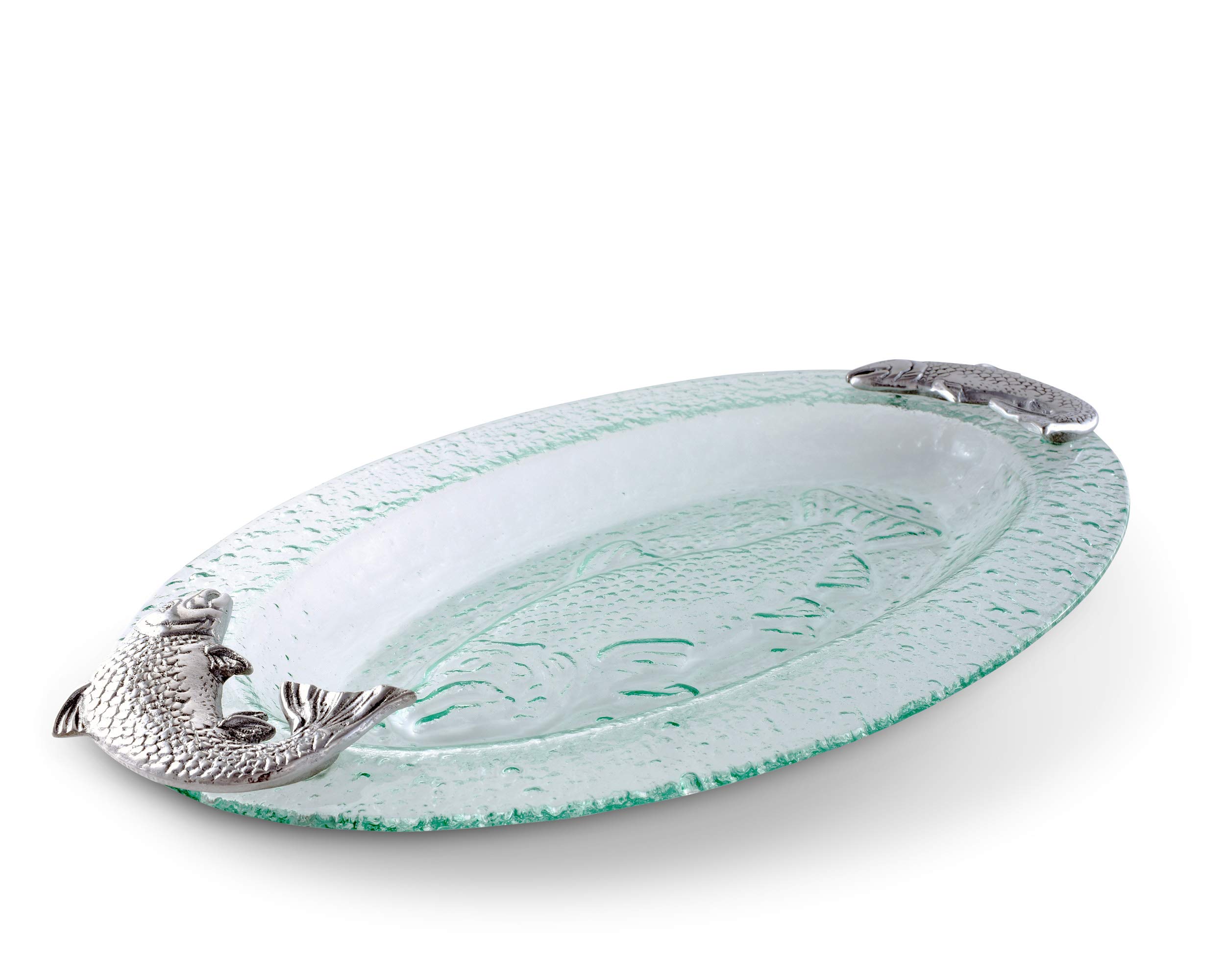 Arthur Court Designs Aluminum Salmon Fish Bagel Lox Glass Platter 20 inch x 11.5 inch